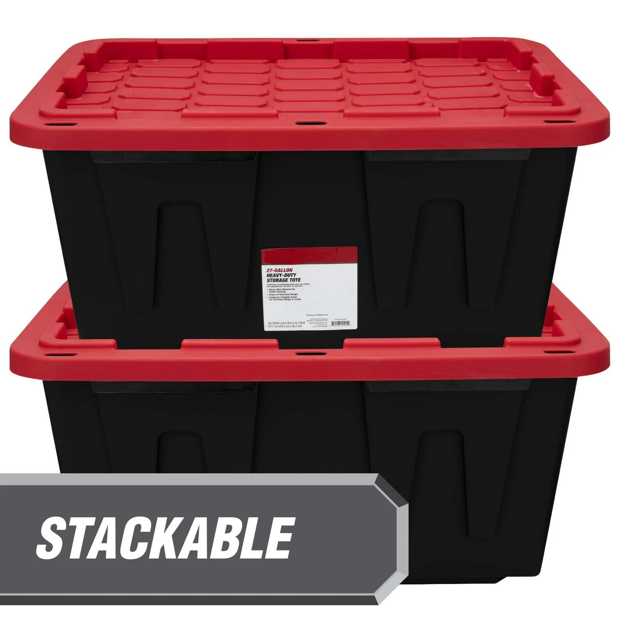 K&J CHIPMUNK 27 Gallon Stackable Snap Lid Plastic Storage Bin Container, Black with Red Lid, Set of 4