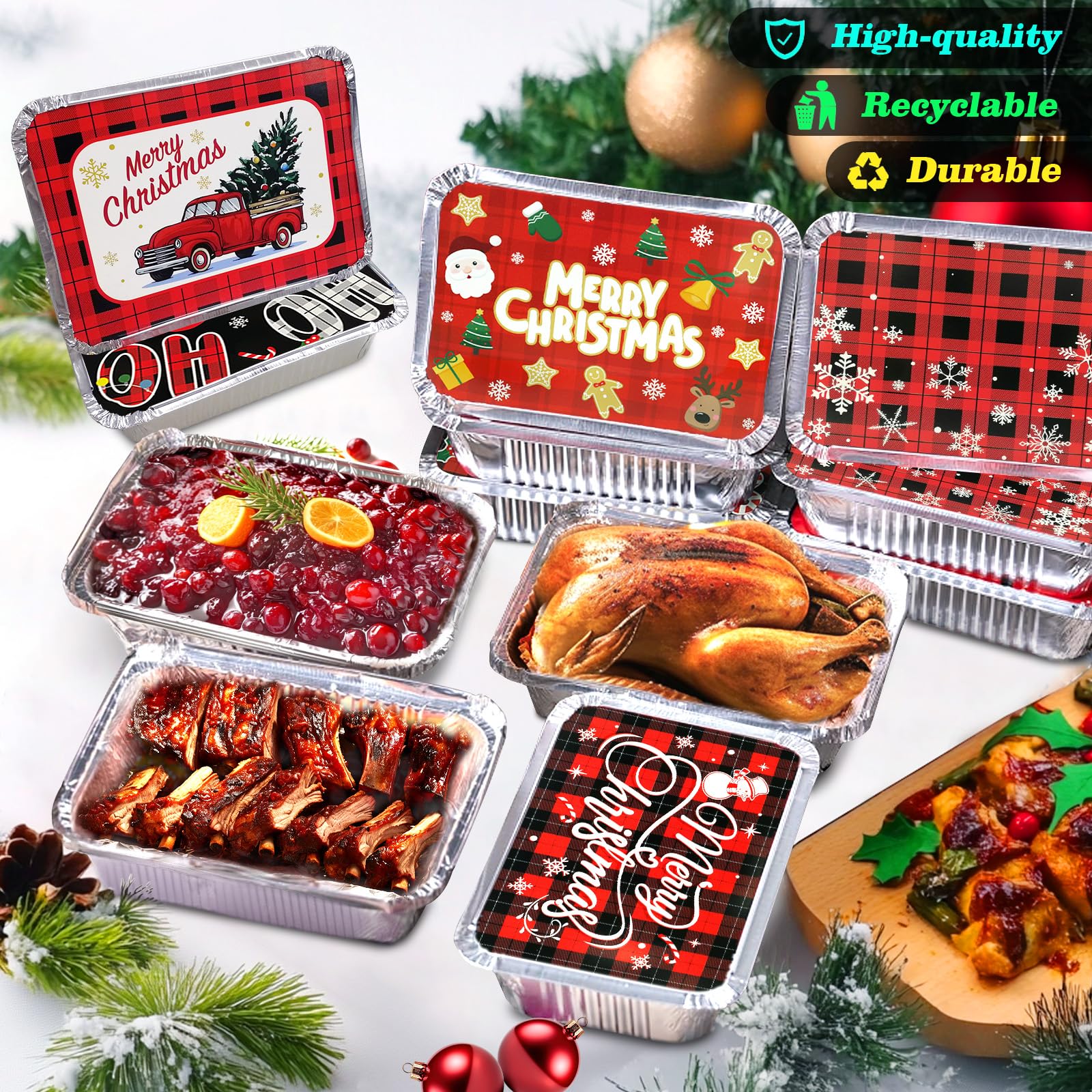 Tunpug 40 Pieces Christmas Foil Containers with Lids,9 Holiday Designs,7"x5"x2" Rectangular Treat Foil Containers,Disposable Cookie Tins Storage Pans for Winter Holiday Gift Giving Party Supplies