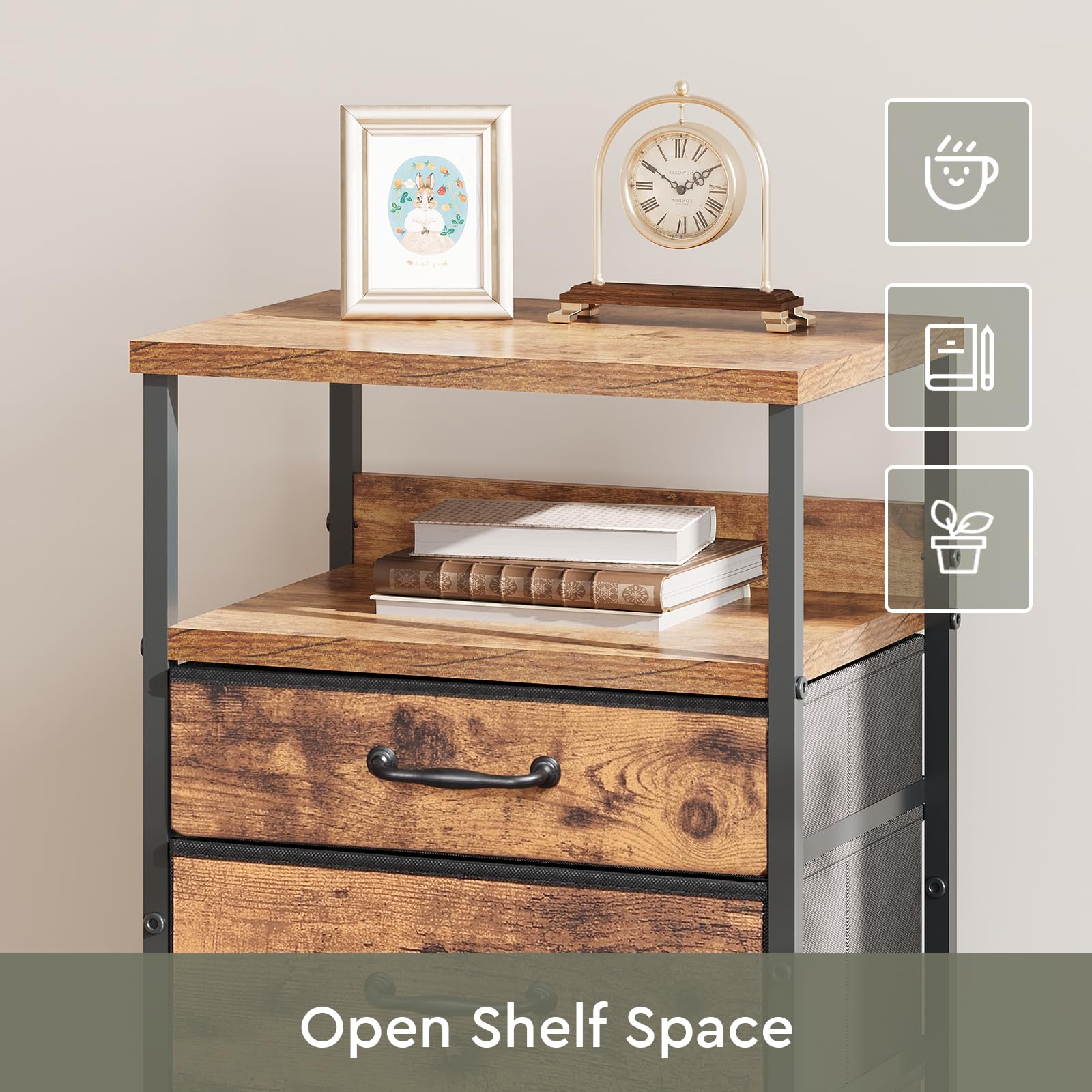 YeTom Nightstand, Bedside Table with 3 Fabric Drawers, Side Table with Open Shelf, End Table with Steel Frame,3 Drawer Dresser for Bedroom, Entryway, College Dorm, Easy Assembly,Brown