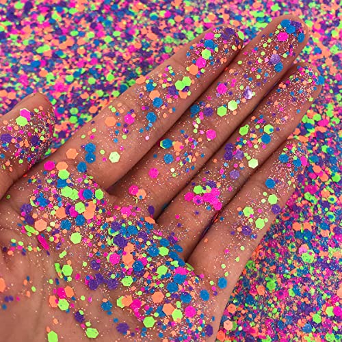Neon Rainbow - Electric Bliss Beauty - Chunky Biodegradable Glitter for Festivals, Crafts, Cosmetics - Eco Friendly Body Glitter for Hair, Nails, Face & More (Rainbow)