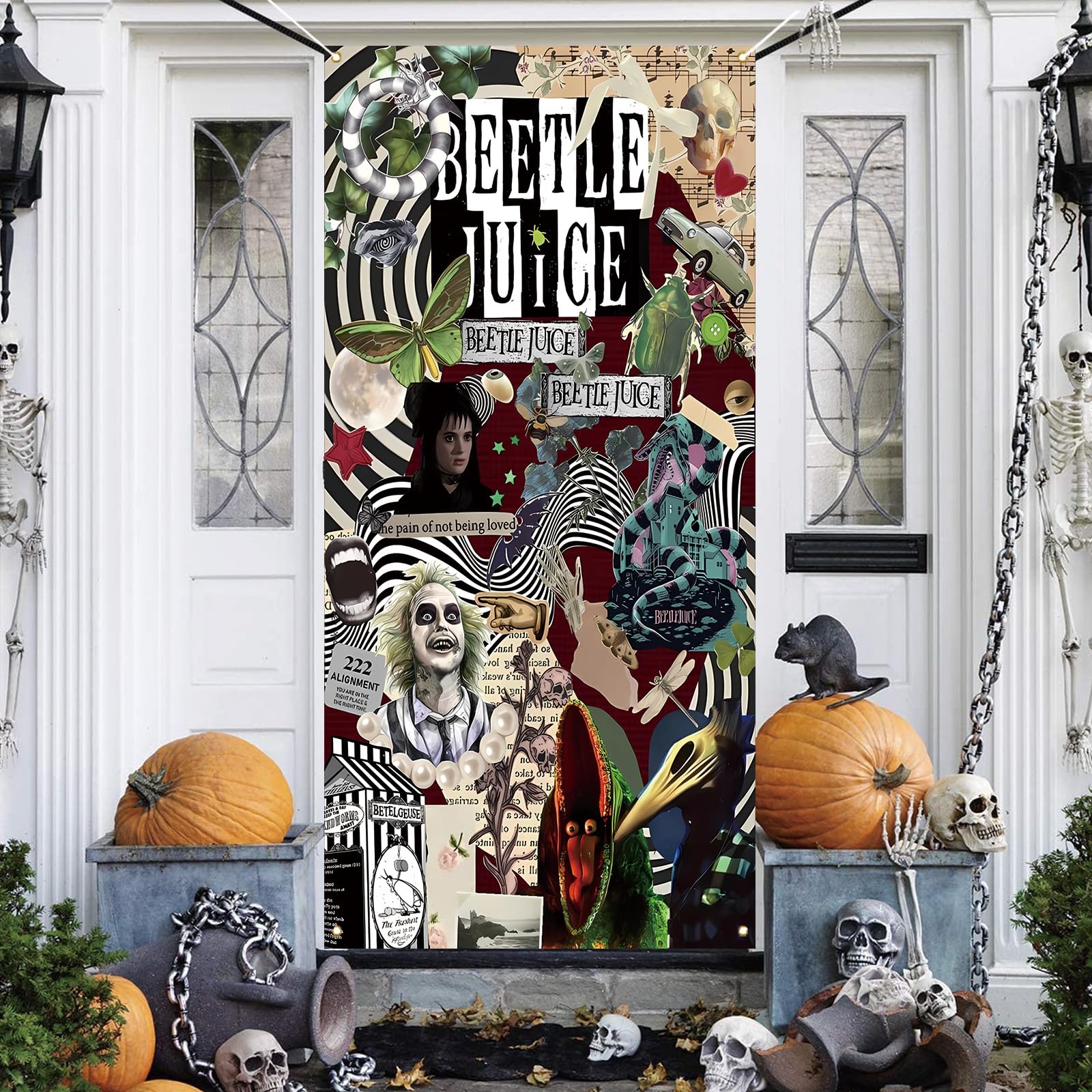 Scary Beetlejuice Halloween Door Cover Happy Halloween Porch Sign Banner Beetlejuice Decor Halloween Classic Horror Party Horror Movie Character Party Decorations and Supplies for Home