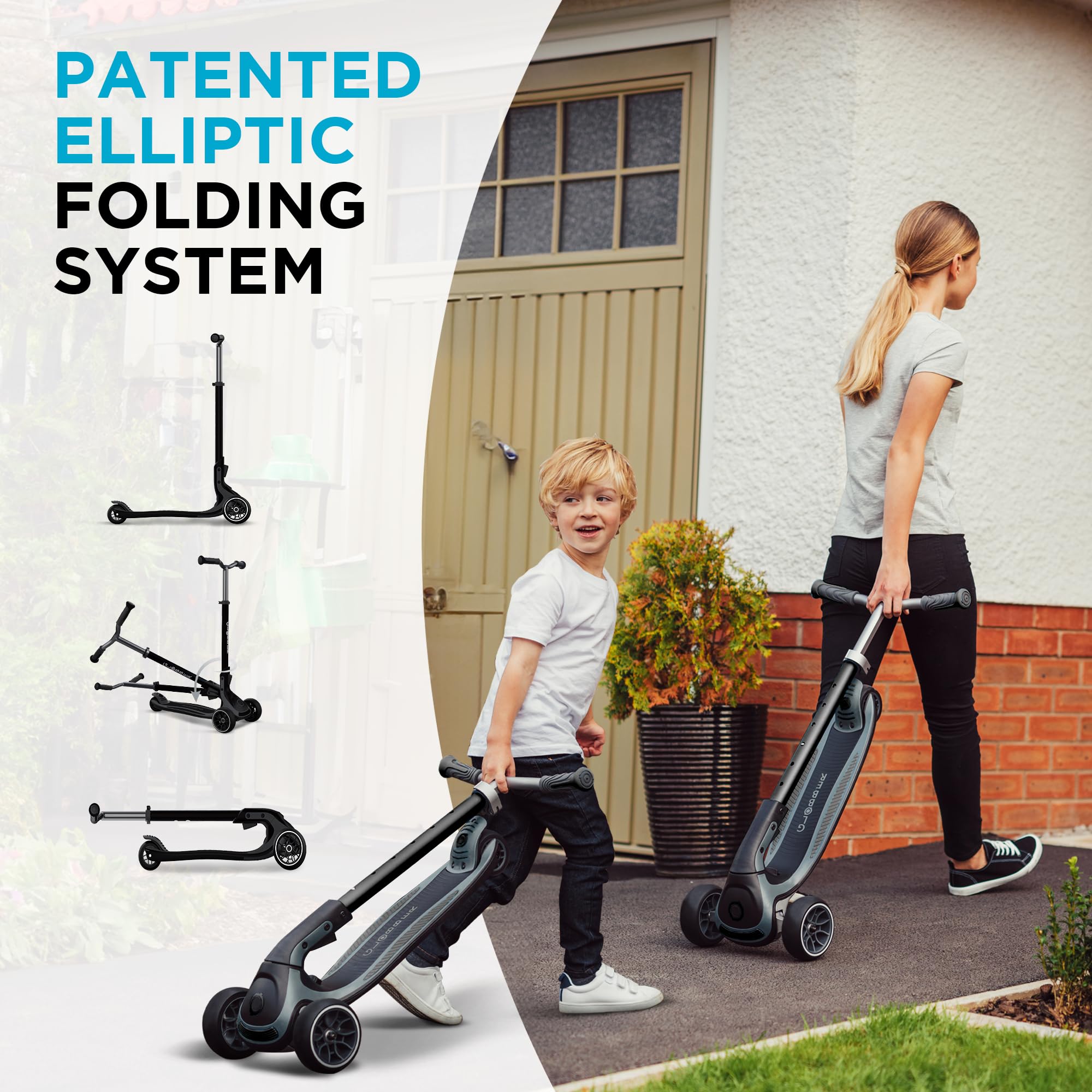 Globber Ultimum Scooter | 3-Wheel Kick Scooter for Adults & Kids 5+ | Foldable Kick Scooter with Safe, Non-Slip Deck & Premium Brakes (Navy Blue)