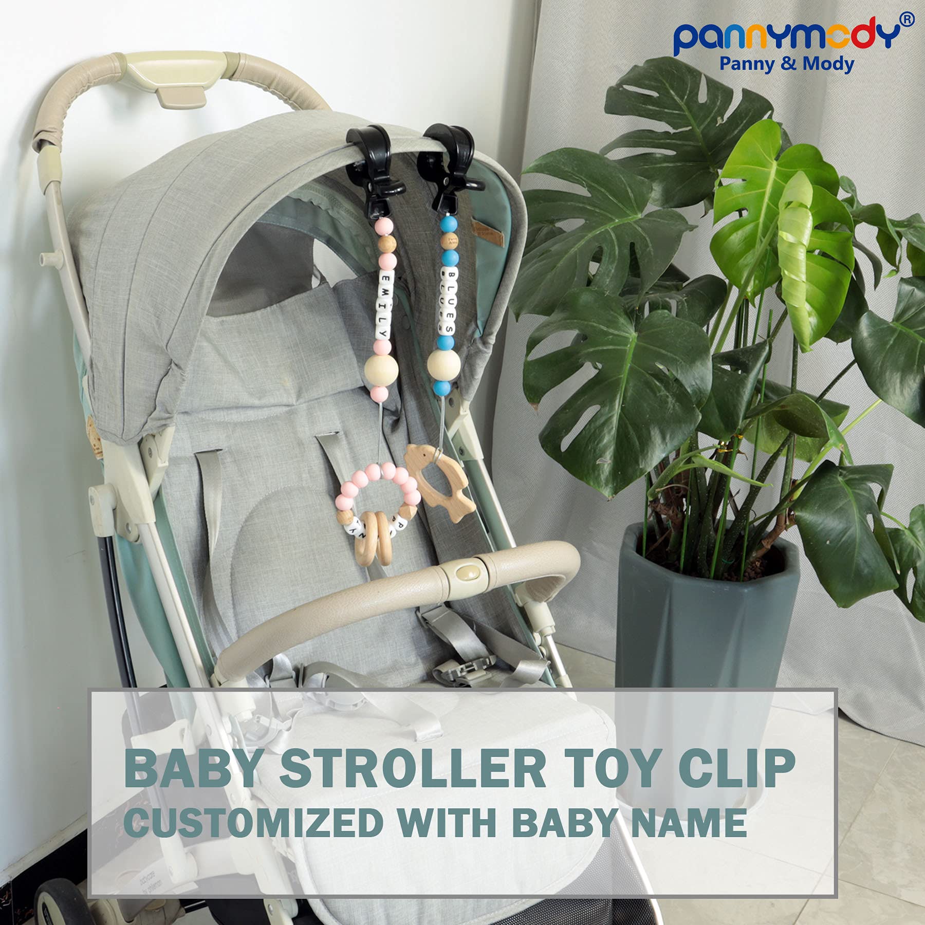 Personalized Stroller Clip with Name, Customizable Stroller Clip, Silicone Safety Clips, Panny & Mody Plastic Universal Clip for Strollers, Bags, Shopping Cart, Cribs, Cars(Grey)