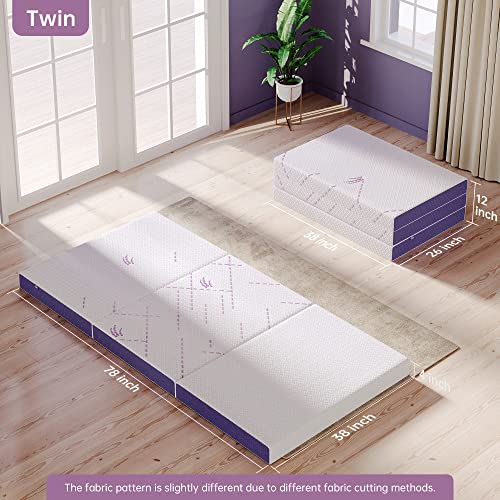 TeQsli Folding Mattress Twin Size, 4-Inch Foldable Mattress, Tri-Fold Gel Memory Foam Mattress with Washable Cover, Portable Mattress for Traveling, Camping, Guest Bed