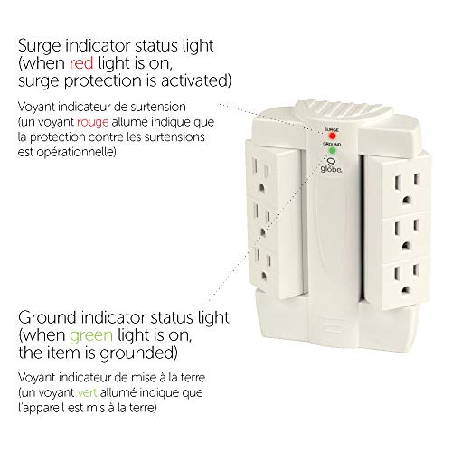 Globe Electric 7732001 6-Outlet Space Saver Swivel Surge Protector Wall Adapter Tap, Grounded Outlets, White Finish