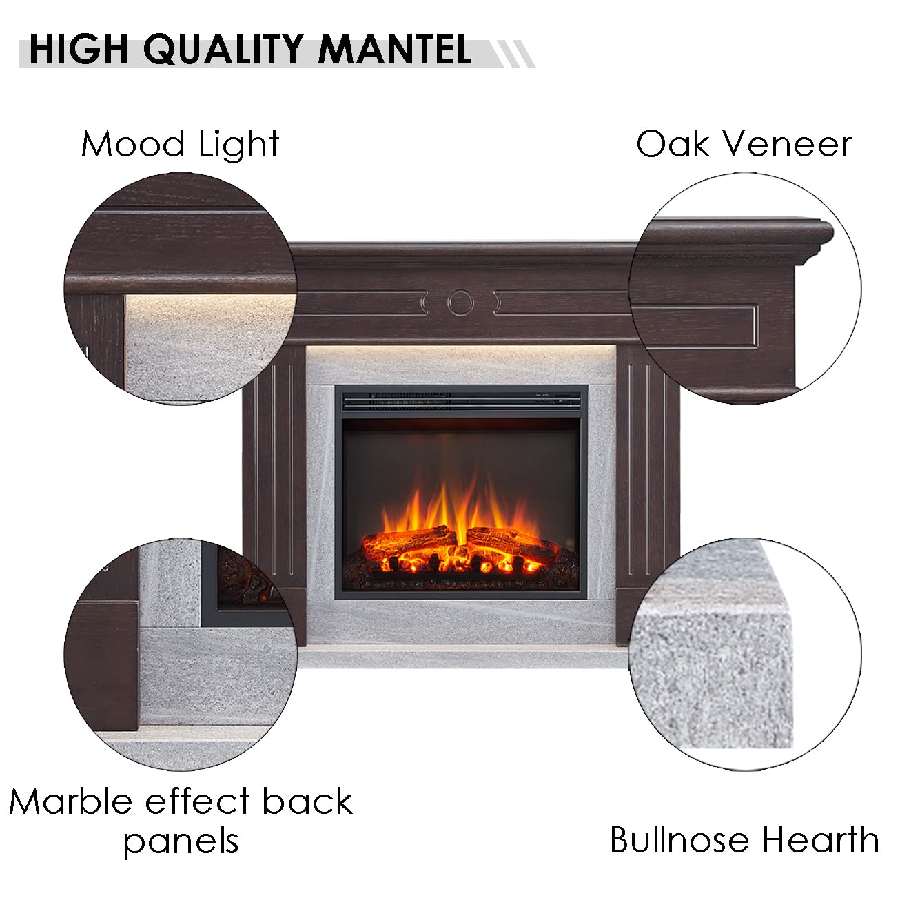 LegendFlame Fireplace Suite Alton, 43 Inch Mantel Surround, Cream White Finish, with 23 Inch Electric Fireplace Insert, 750W/1500W, Weekly Timer, Mood Light, Remote Control