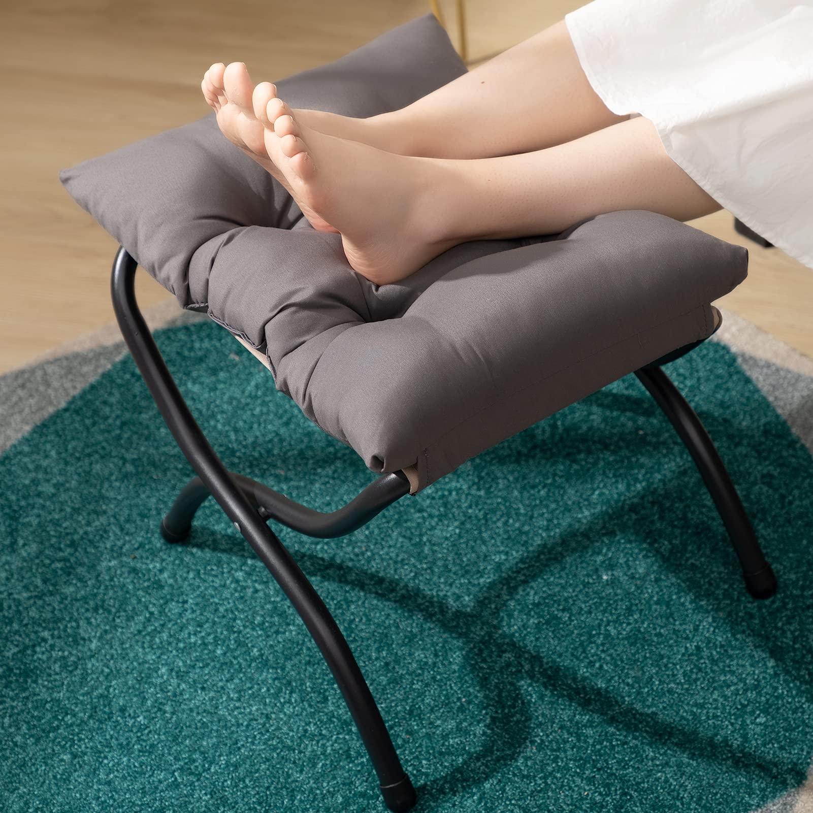 HollyHOME 15"(H) Folding Footrest Stool, Upholstered Small Foldable Ottoman, Accent Padded Sofa Foot Stool for Lazy Chair, Metal Frame Portable Foot Rest Ottoman for Living Room, Bedroom, Dark Grey