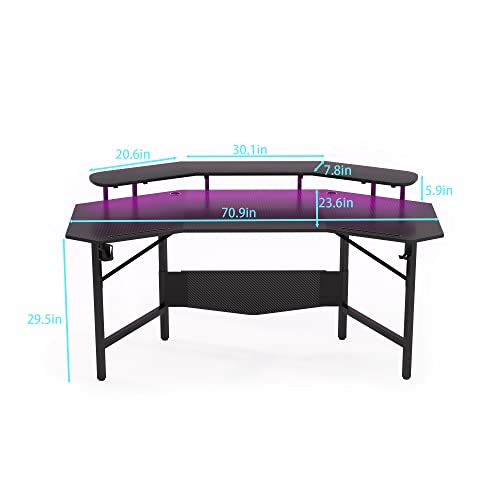 PAKASEPT Gaming Desk with Led Lights, 70.9” Large Wing-Shaped Desk, Carbon Fiber Surface Gaming Table with Monitor Stand, Headphone Hanger & Cup Holder & Dual Slots