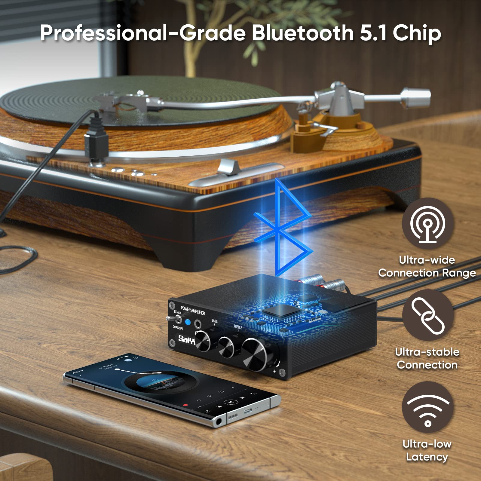 Mini Bluetooth Home Audio Stereo Amplifier Receiver, 2×80W 2.1 Channel Digital Class D Integrated Amp for Home Speakers with DAC 24-Bit 192KHz Optical Coaxial AUX Headphone Line Out Jack