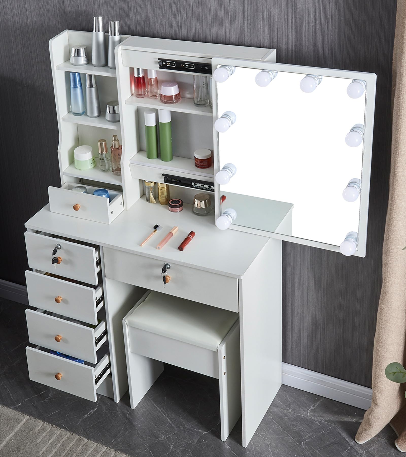 Vanity Desk, Makeup Table with Mirror and Lights, Dressing Table with 6 Drawer 3 Shelves Storage Unit, White Vanity Make Up Desk Bedroom Furniture (Vanity A07)