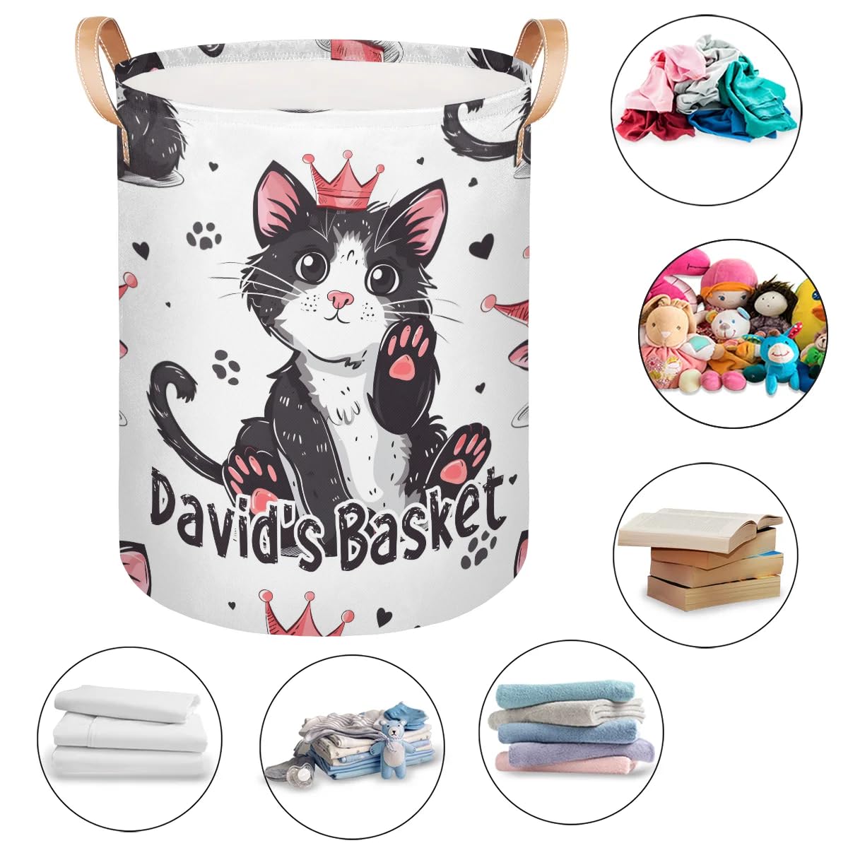 Personalized Laundry Basket, Custom Gift Laundry Hamper, Collapsible Nursery Waterproof Laundry Baskets, Dirty Clothes Toy Hamper with Handles Princess Cats Pattern
