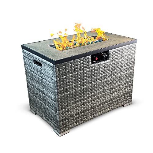Modenzi Fire Pit Propane Gas Outdoor Rectangular Table Ceramic Tile Tabletop Handwoven PE Wicker with Auto Ignition, Lid, Weather Cover and Glass Beads (Grey)