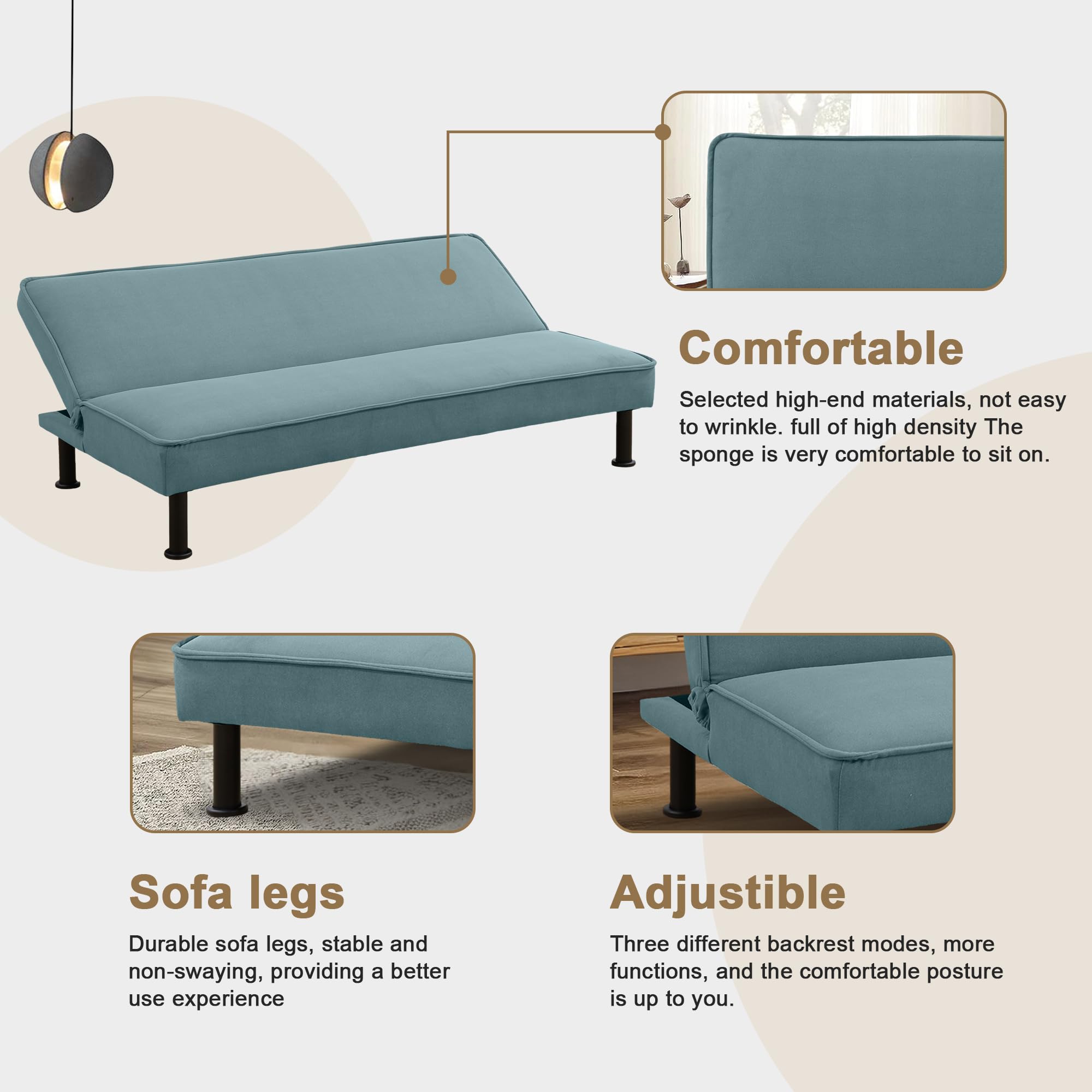 SumKea 64'' Futon Bed Velvet Upholstery with 3-Position Adjustable Backrest β Multi-Functional Sleeper Sofa for Home and Office, Light Green