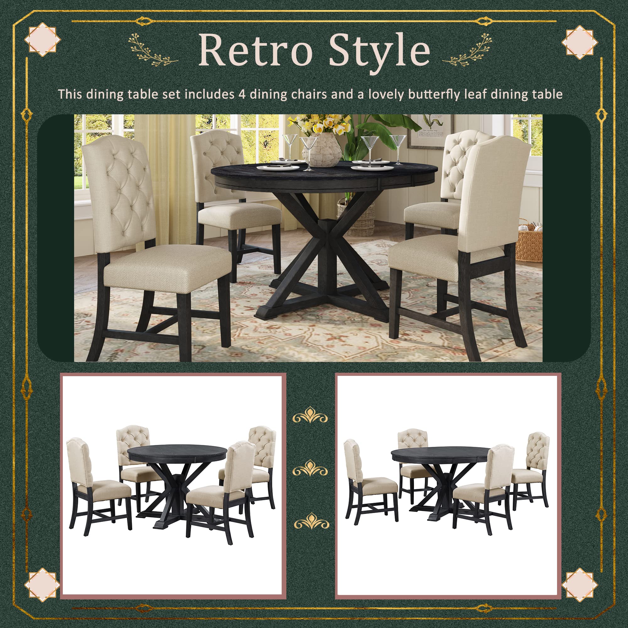 GLORHOME 5-Piece Extendable Round Dining Table Set Retro Style with 4 Upholstered Chairs for Kitchen and Living Room, Espresso+Gray