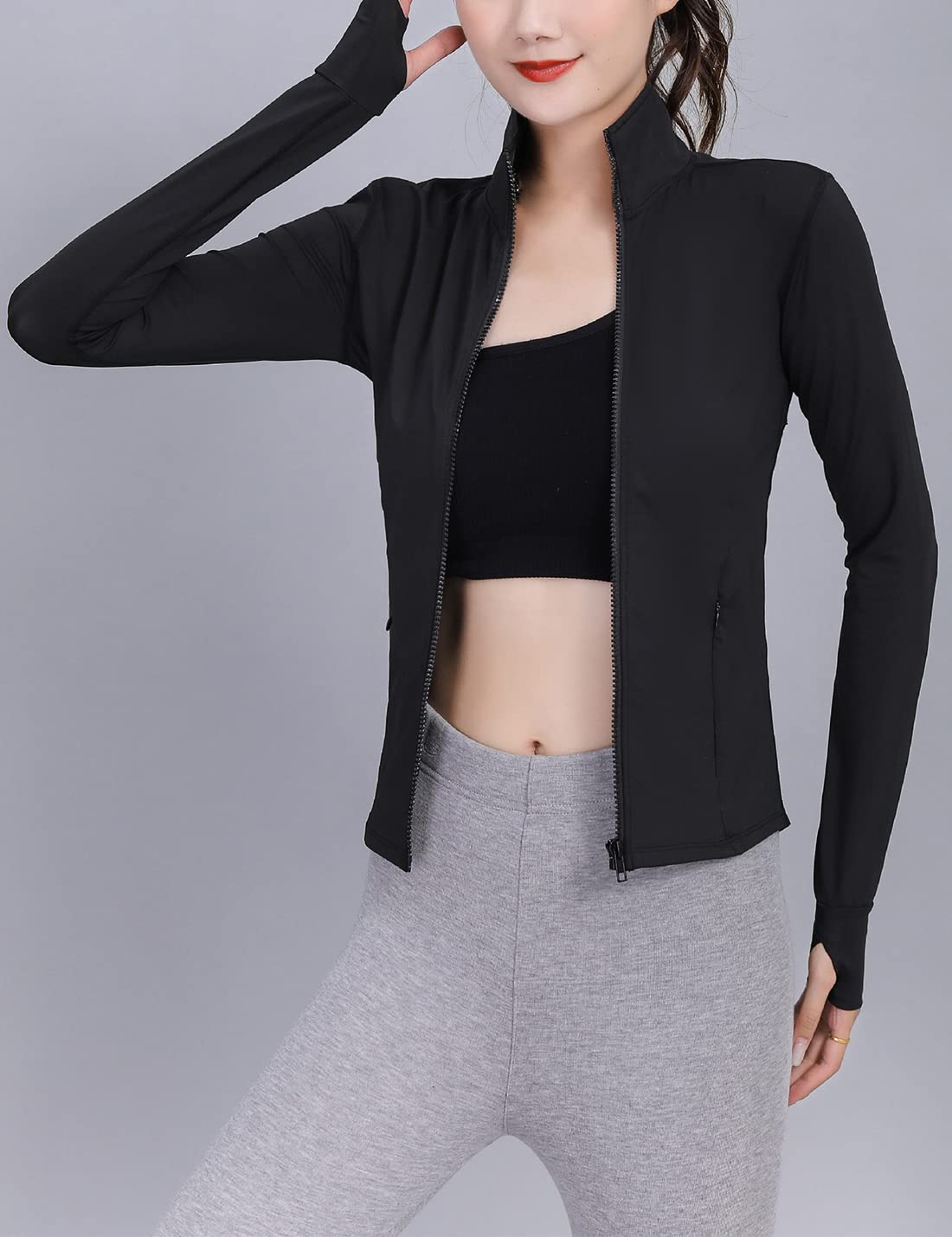 Lviefent Womens Lightweight Full Zip Running Track Jacket Workout Slim Fit Yoga Sportwear with Thumb Holes (Z-Black, Medium)