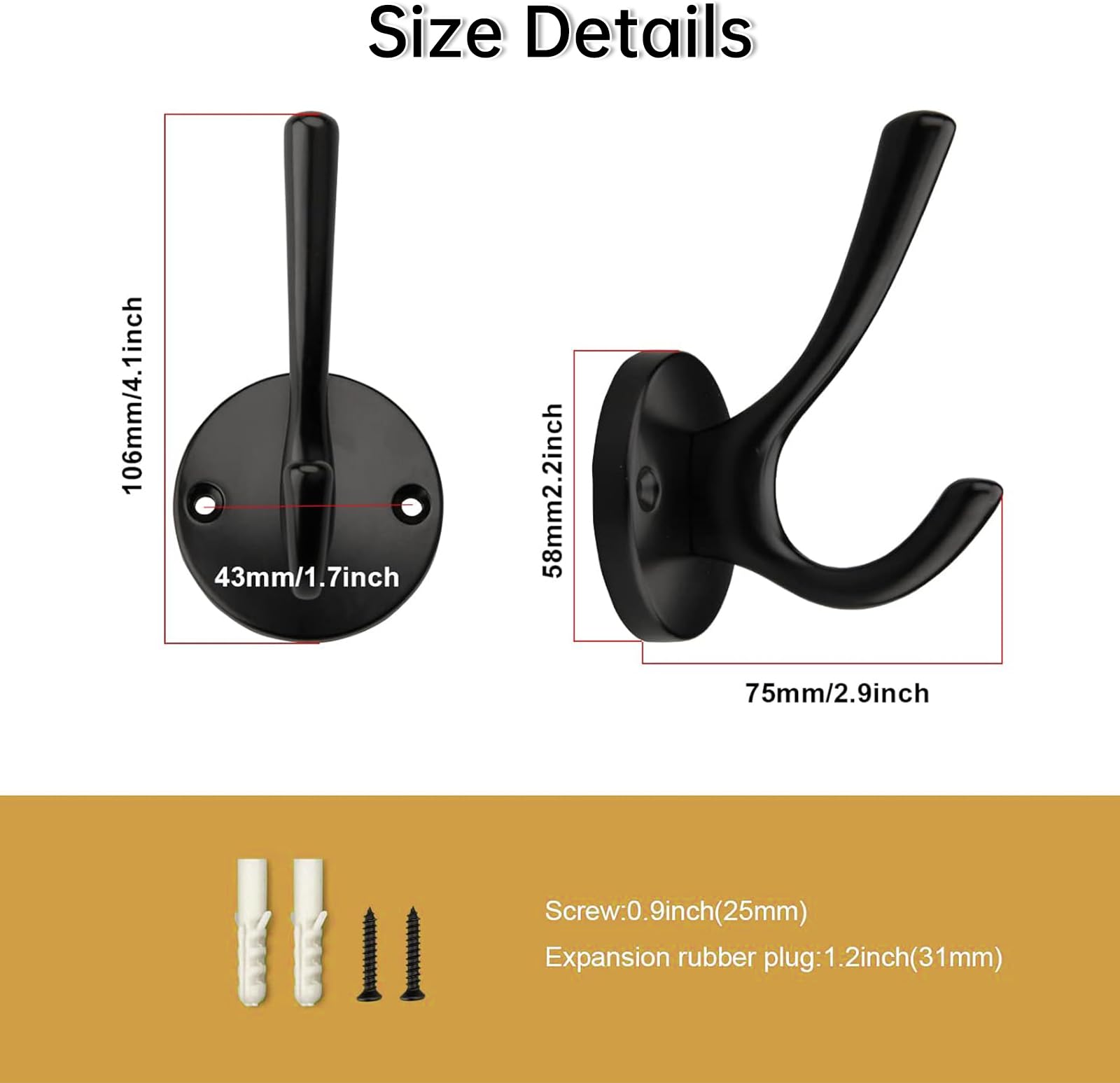 NETLKLA 4 Packs Black Coat Hooks, Robe Hook, Decorative Towel Hooks, Double Prong Hooks, Metal Closet Hooks, Wall Hooks for Hanging Towel Hooks for Bathrooms, Kitchen