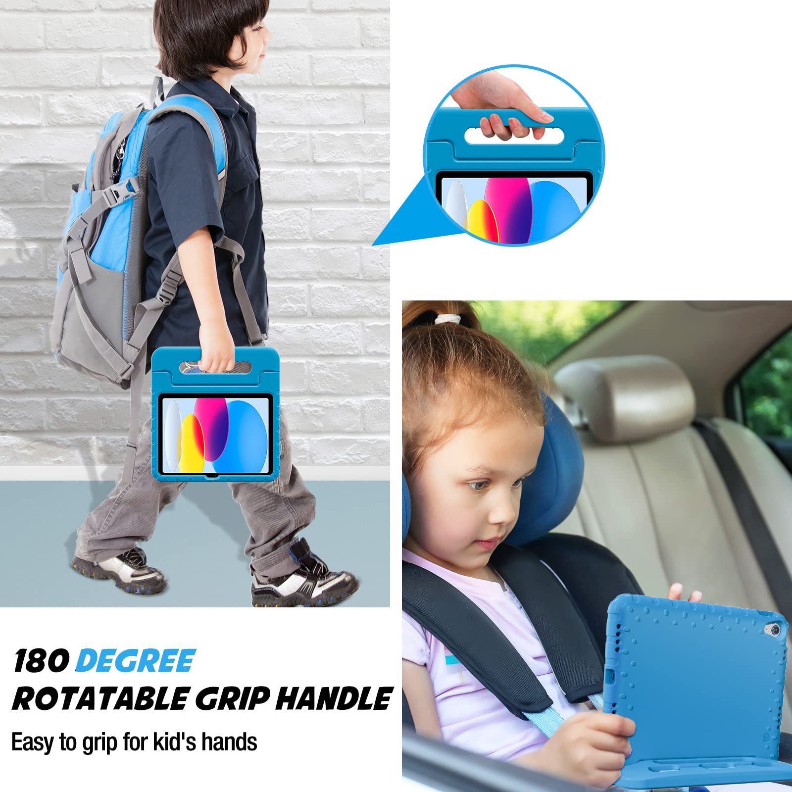 ProCase Kids Case for iPad 10th Generation with Pencil Holder, iPad 10 case 10.9 Inch 2022 Shockproof Lightweight Kids Case with Stand and Convertible Handle for Child Boys Girls Toddlers -Blue