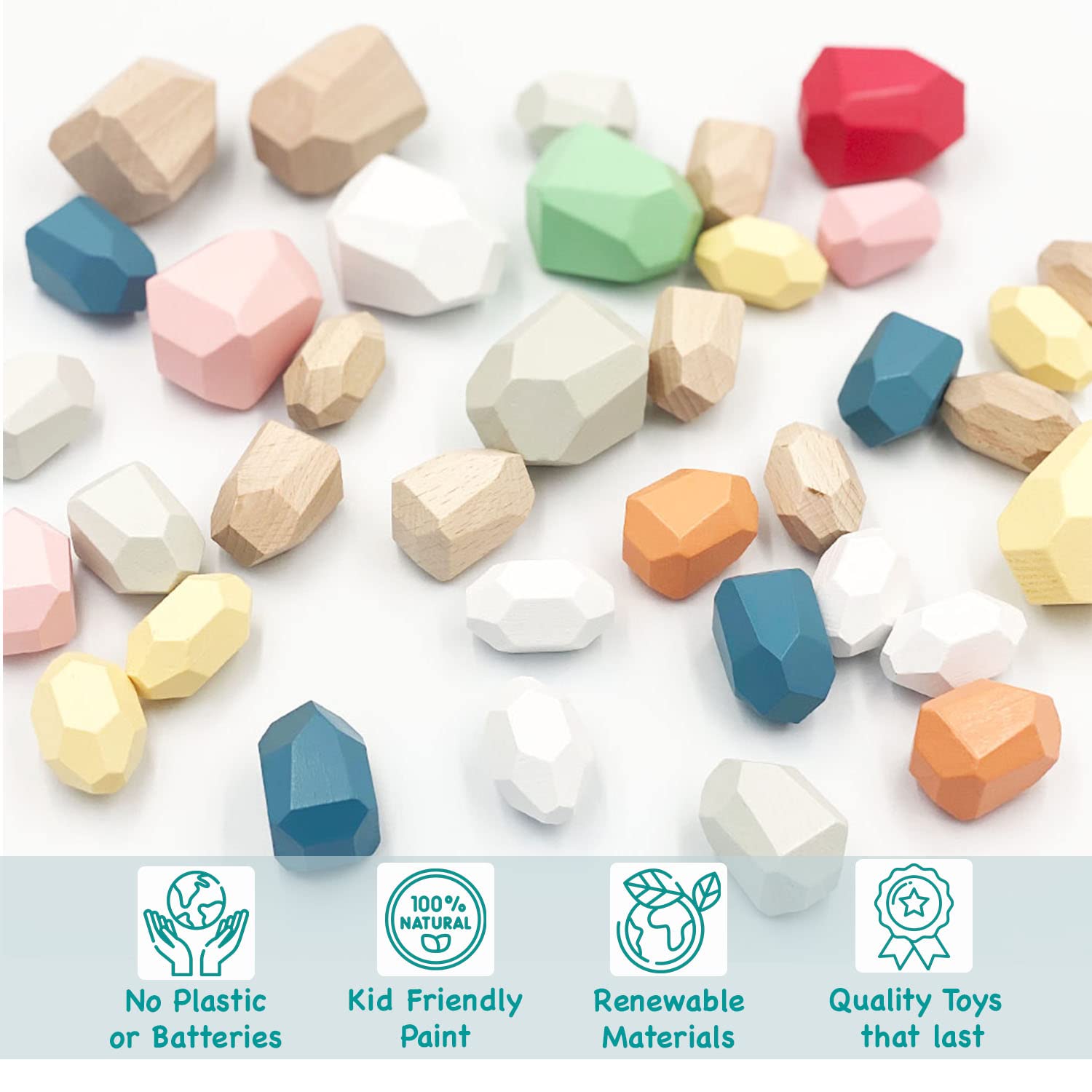 Mila & Tom Wooden Stacking Rocks 36 - Montessori Toy Balancing Set - Educational Sensory Stones - Toddlers Learning Sorting Game - Stackable Stone Rainbow Solid gems