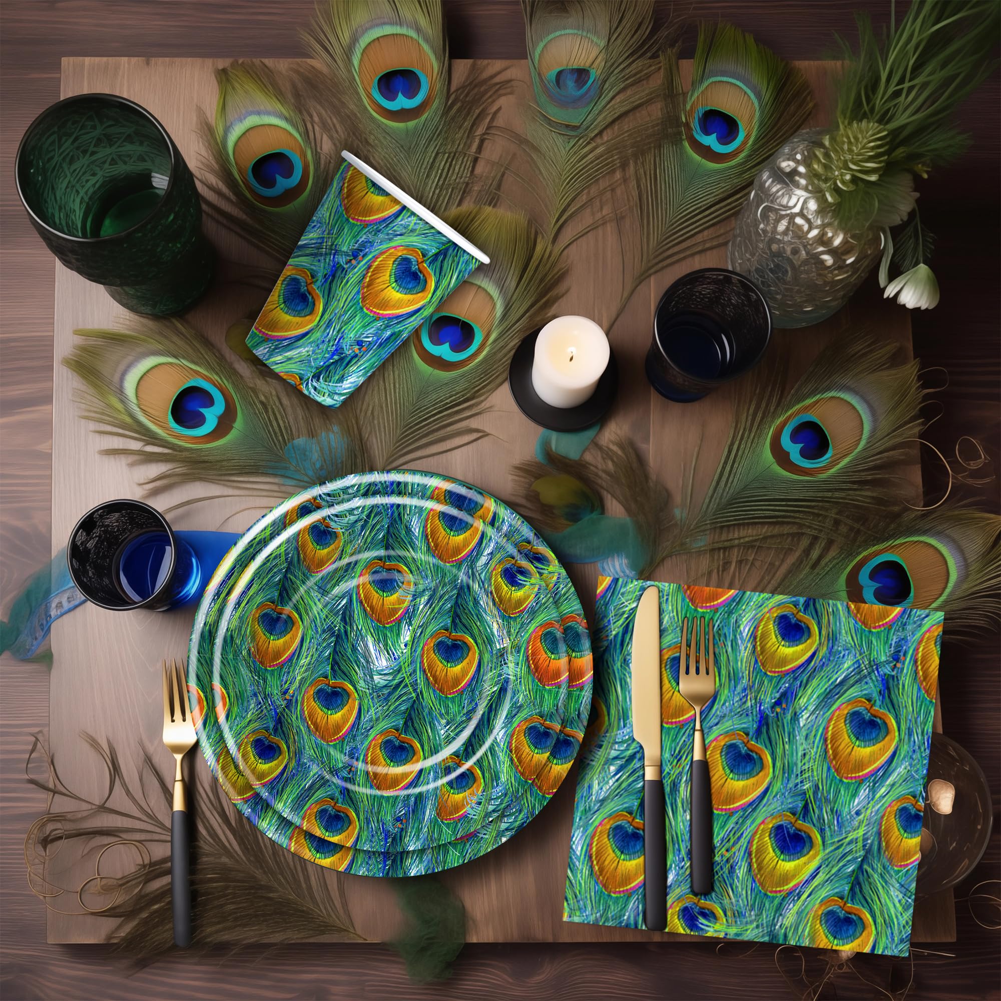 Xenorik Peacock Feather Party Decorations Tableware - Peacock Birthday Party Supplies, Plate, Cup, Napkin, Cutlery, Zoo Bird Peacock Theme Table Decorations For Bridal Baby Shower Wedding | Serve 24