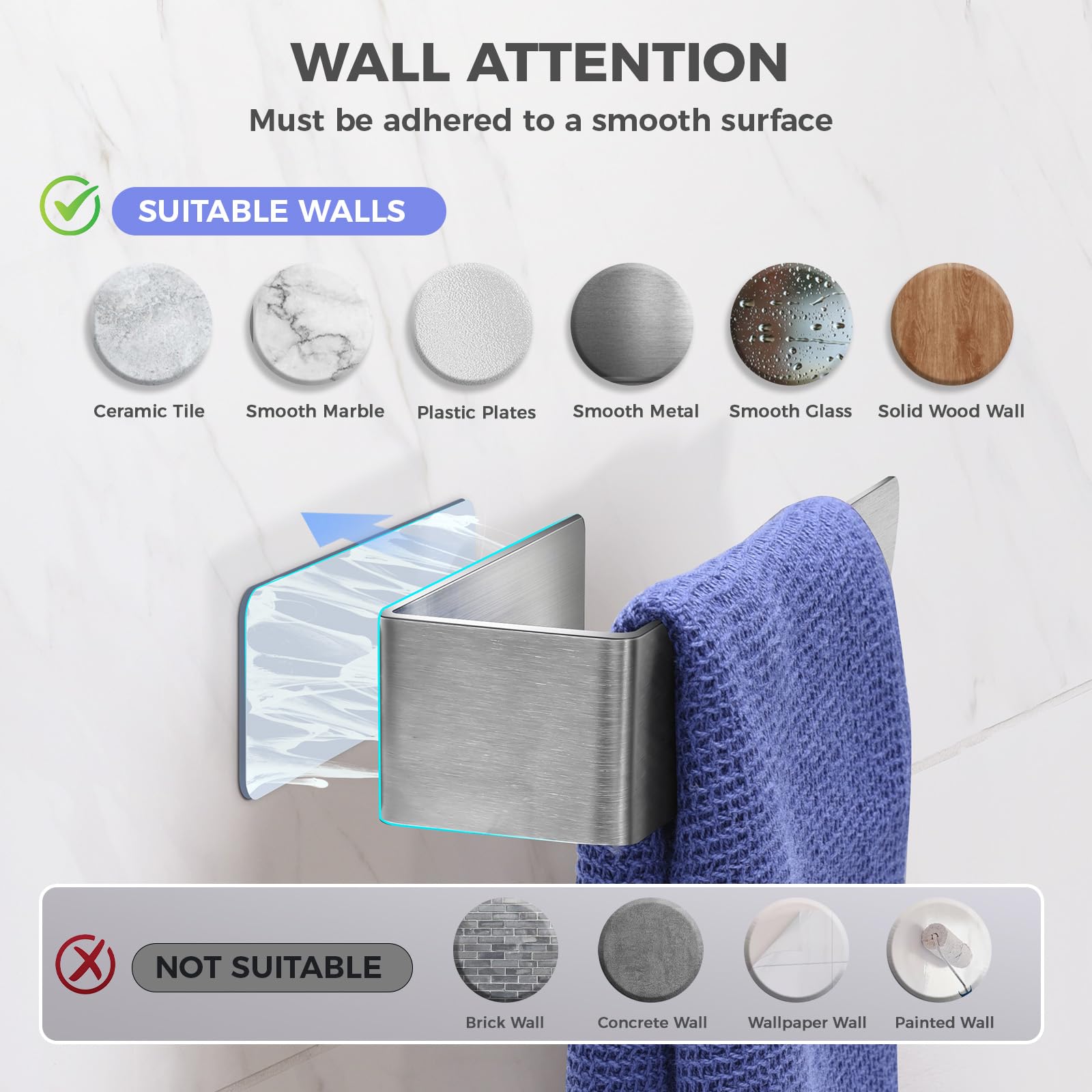 Wall Mount Towel Holder Self Adhesive Towel Rack 304 Stainless Steel Stick on Hand Towel Stand 8 Inch Heavy Duty Towel Hanger for Bathroom No Drilling Towel Bar Hardware Brushed Silver 1 PCS