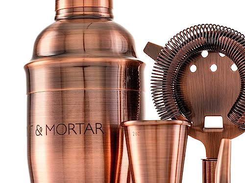 Mint & Mortar Cocktail Shaker Set, 7-Piece Bartender Kit with Stand, 24oz Martini Shaker Bottle Stainless Steel Bar Tools, Home Bar Accessories Drink Mixer, Barware Gift Set - Brushed Copper