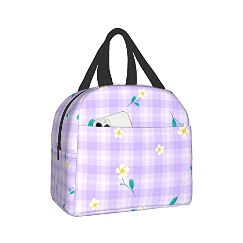 Plumeria Purple Lilac Violet Flower On Purple Plaid Lunch Box Bento Box Insulated Lunch Boxes Reusable Waterproof Lunch Bag With Front Pocket For School Office Picnic