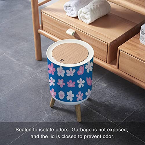 Trash Can with Lid Set of 21 Cherry Blossom Illustrations Press Cover Small Garbage Bin Round with Wooden Legs Waste Basket for Bathroom Kitchen Bedroom 7L/1.8 Gallon