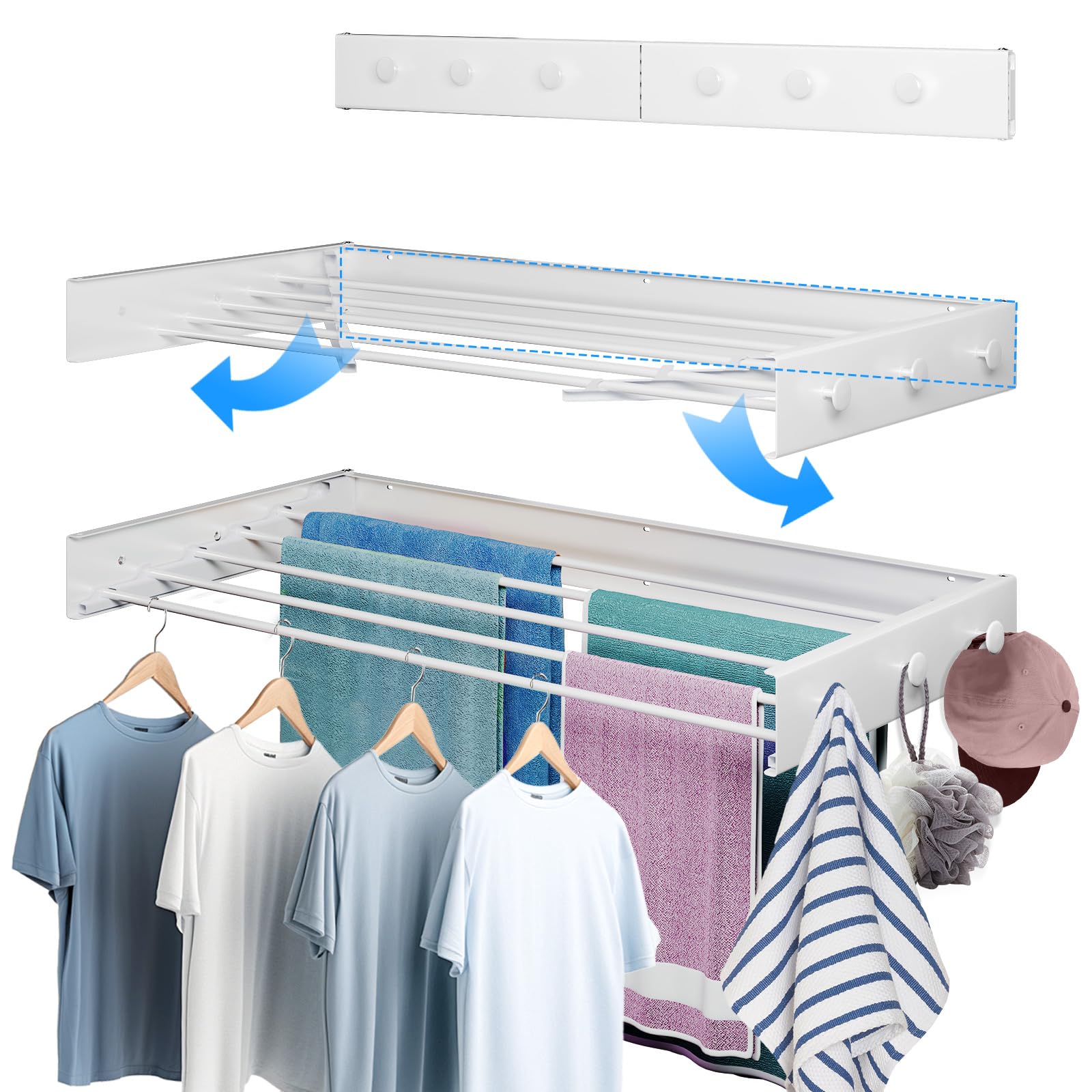 Wall Mounted Drying Rack 31.5", Upgrade 6 Knob Hooks, 5 Aluminum Poles, 40 lb. Load Capacity, Foldable, Retractable, Space Saving Clothes Drying Rack (31.5" White)