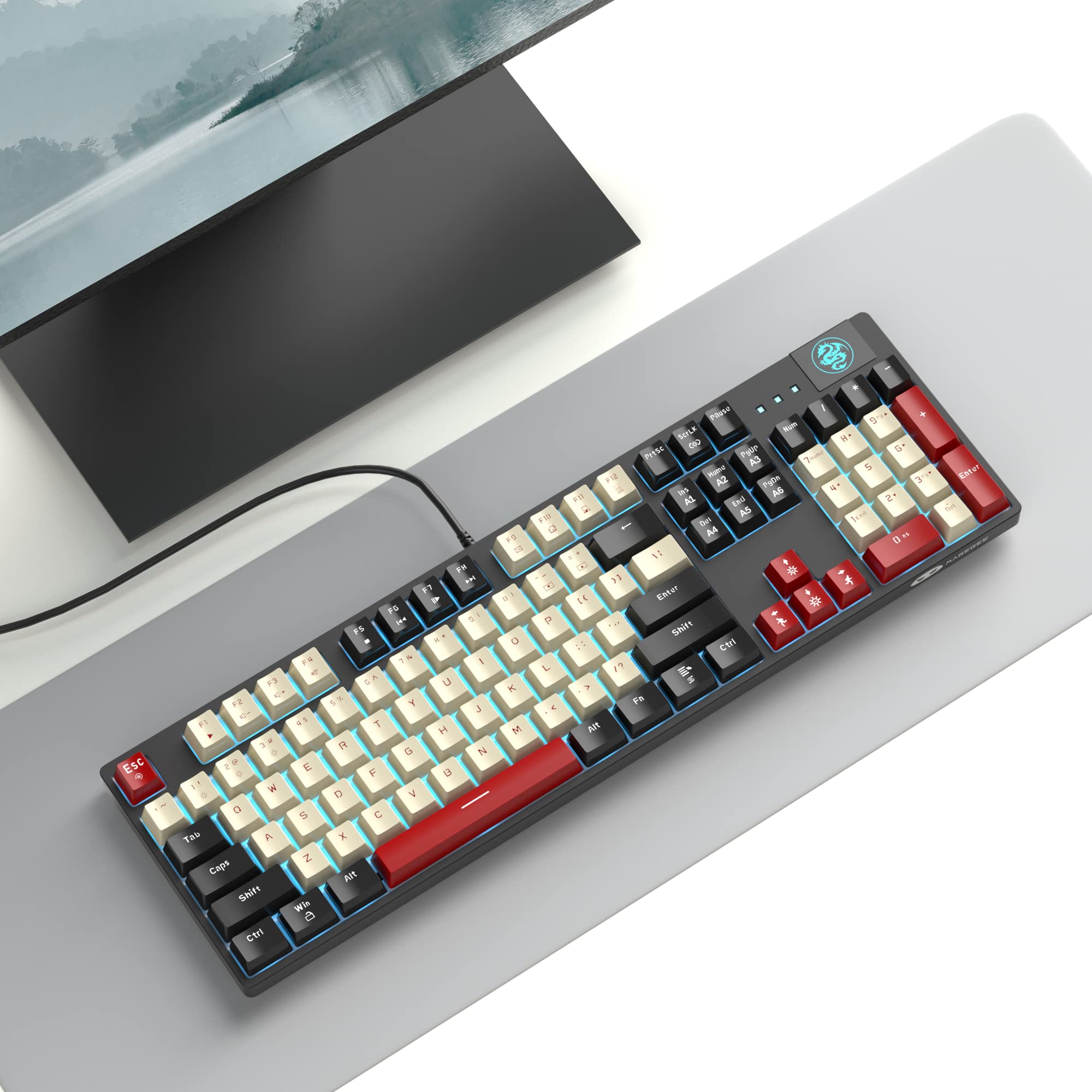 MageGee Mechanical Gaming Keyboard MK-Armor LED Blue Backlit and Wired USB 104 Keys Keyboard with Red Switches, for Windows PC Laptop Game(Black&White)…