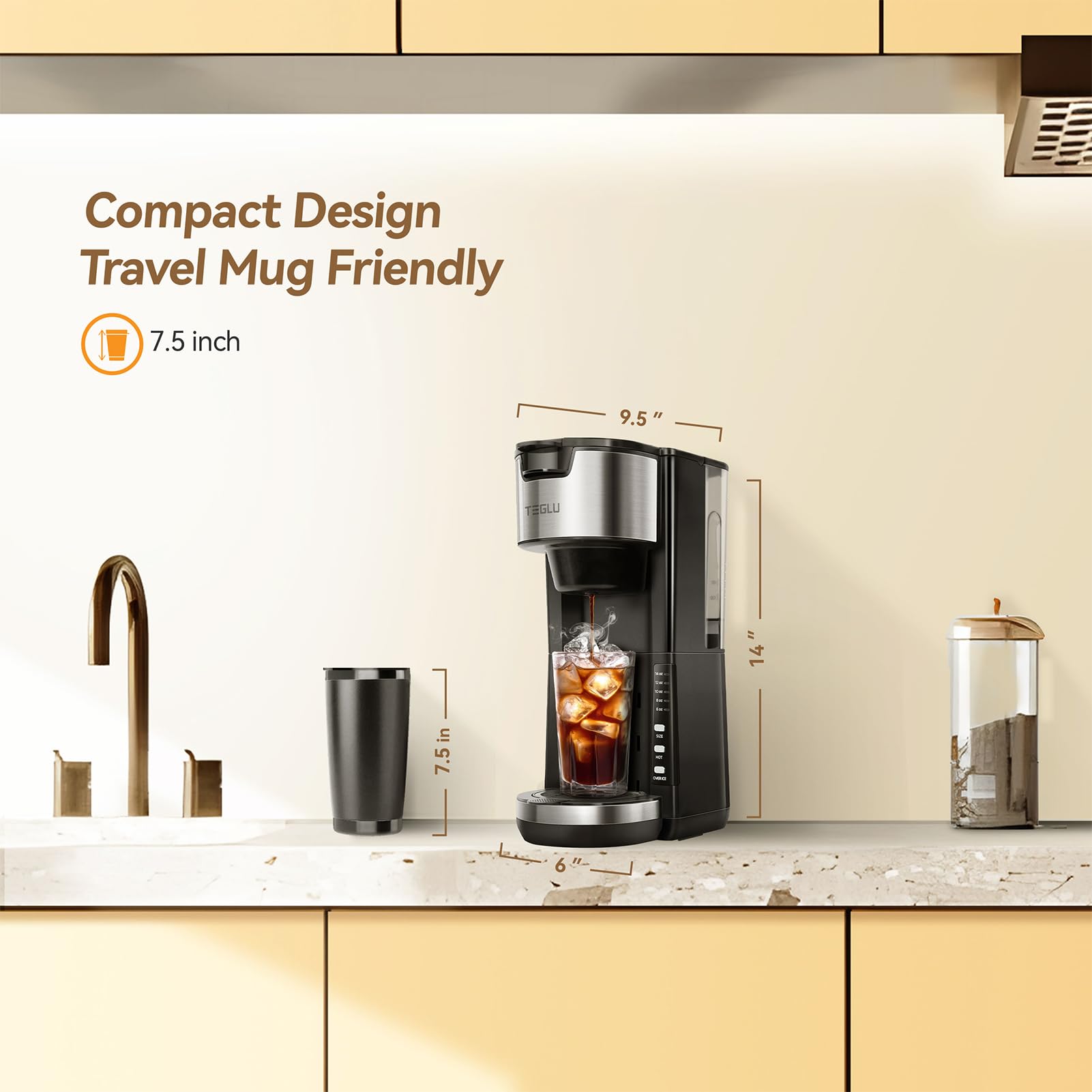 Teglu 2024 Hot and Iced Coffee Maker Single Serve for K Cup and Ground Coffee, Iced Coffee Machine with 30oz Removable Water Reservoir, Brews 6 to 14oz Cup Size, Fits Travel Mug, Black