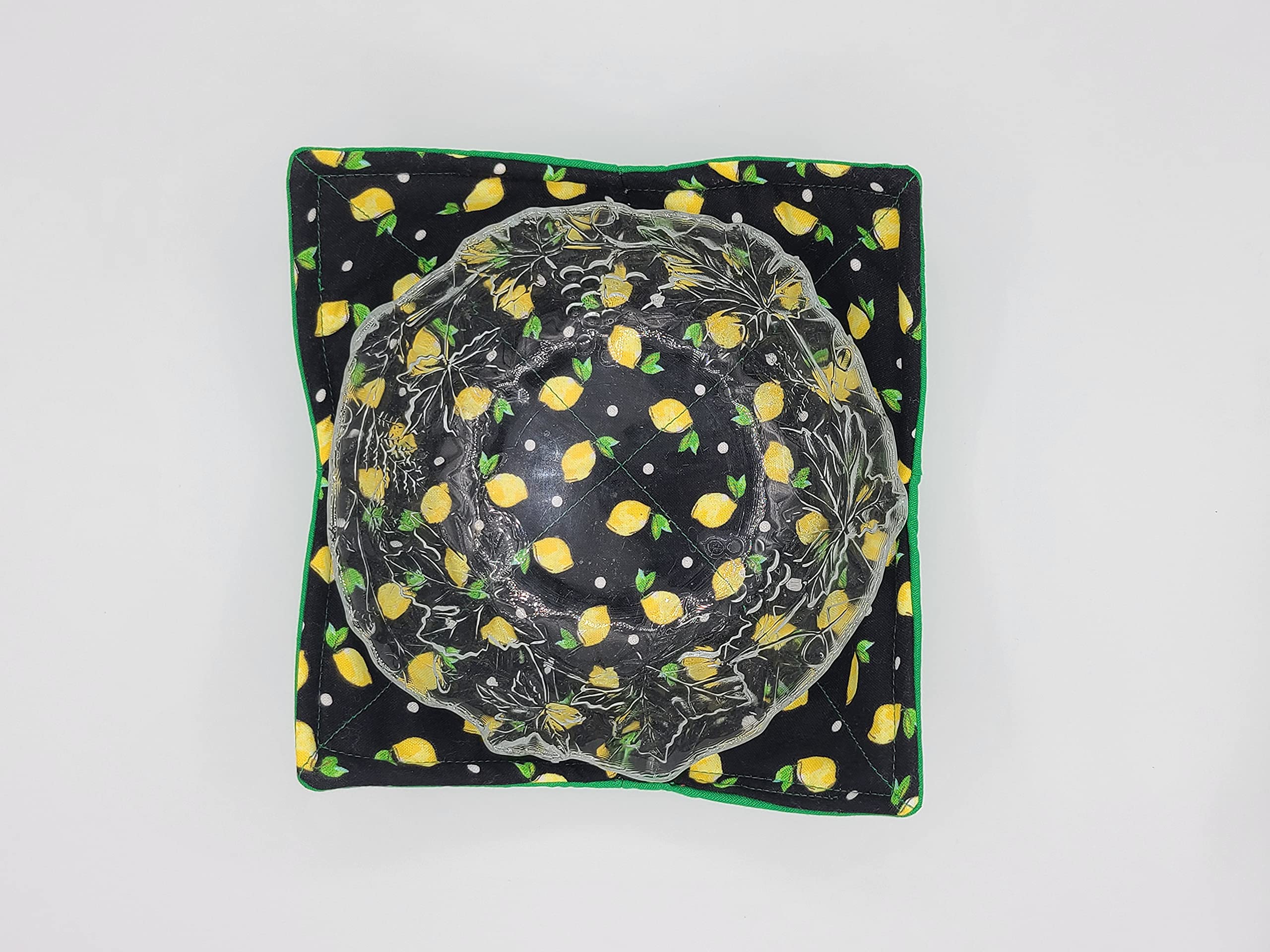 Lemon Polka Dot Microwave Bowl Cozy Vintage Inspired Reversible Microwaveable Potholder Retro Soup Buddy Kitchen Linens 50s Diner Handmade Housewarming Hostess Teacher Gifts Under 10