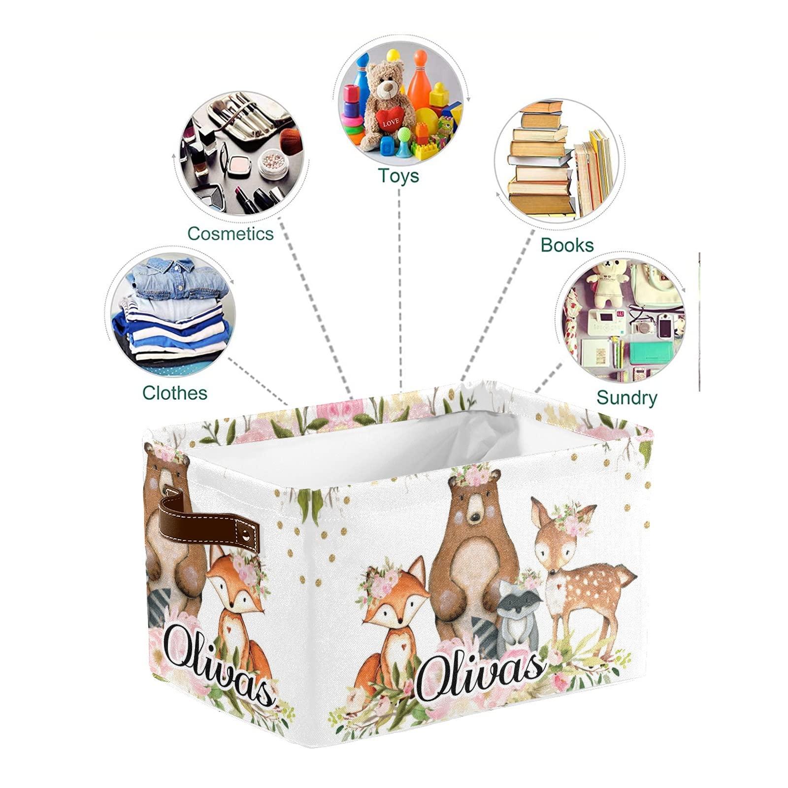 Personalized Storage Bins, Custom Storage Basket Boxes for Organizing Closet Shelf Nursery Toy Woodland Forest Blush Animals