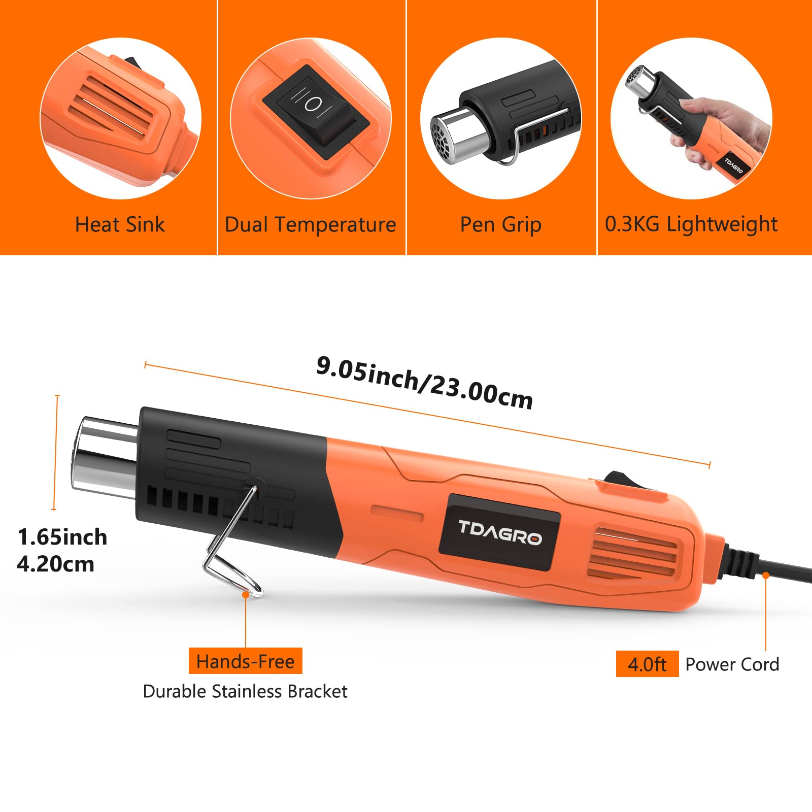 TDAGRO Mini Heat Gun 400W, 482°F & 752°F 2 Temp Setting Embossing Heat Gun, Fast Heating, Overload Protection with Reflector Nozzle for DIY, Electronics, Shrink PVC Tubing/Wrapping/Crafts, Epoxy Resin