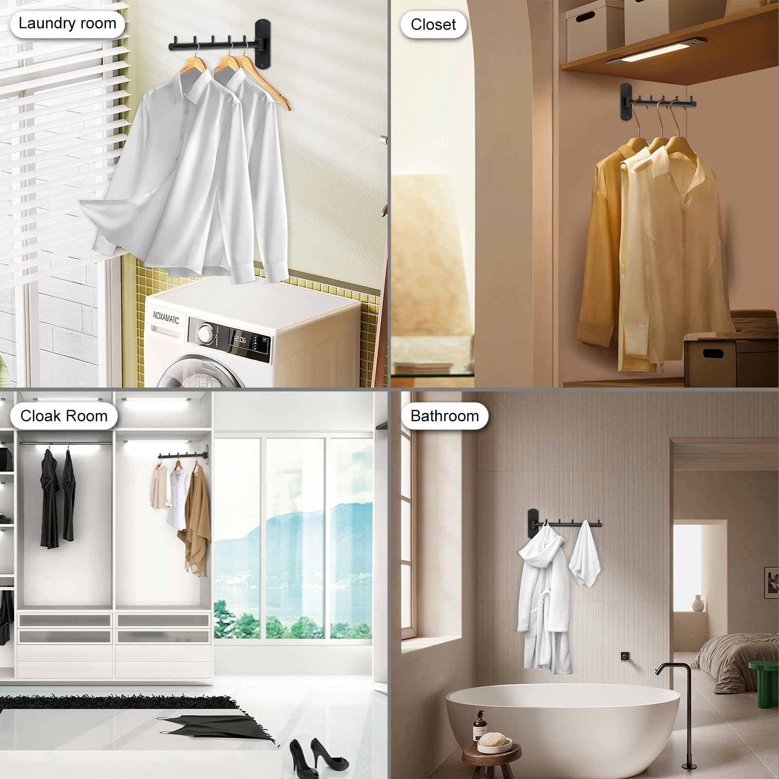 Sumnacon Clothes Rack,2Pcs Stainless Steel Clothes Hanger,Wall Mounted Clothes Rack,Wall Mounted Drying Rack with Swing Arm,Wall Clothes Hanger for Bathroom Laundry Room Closet,Black