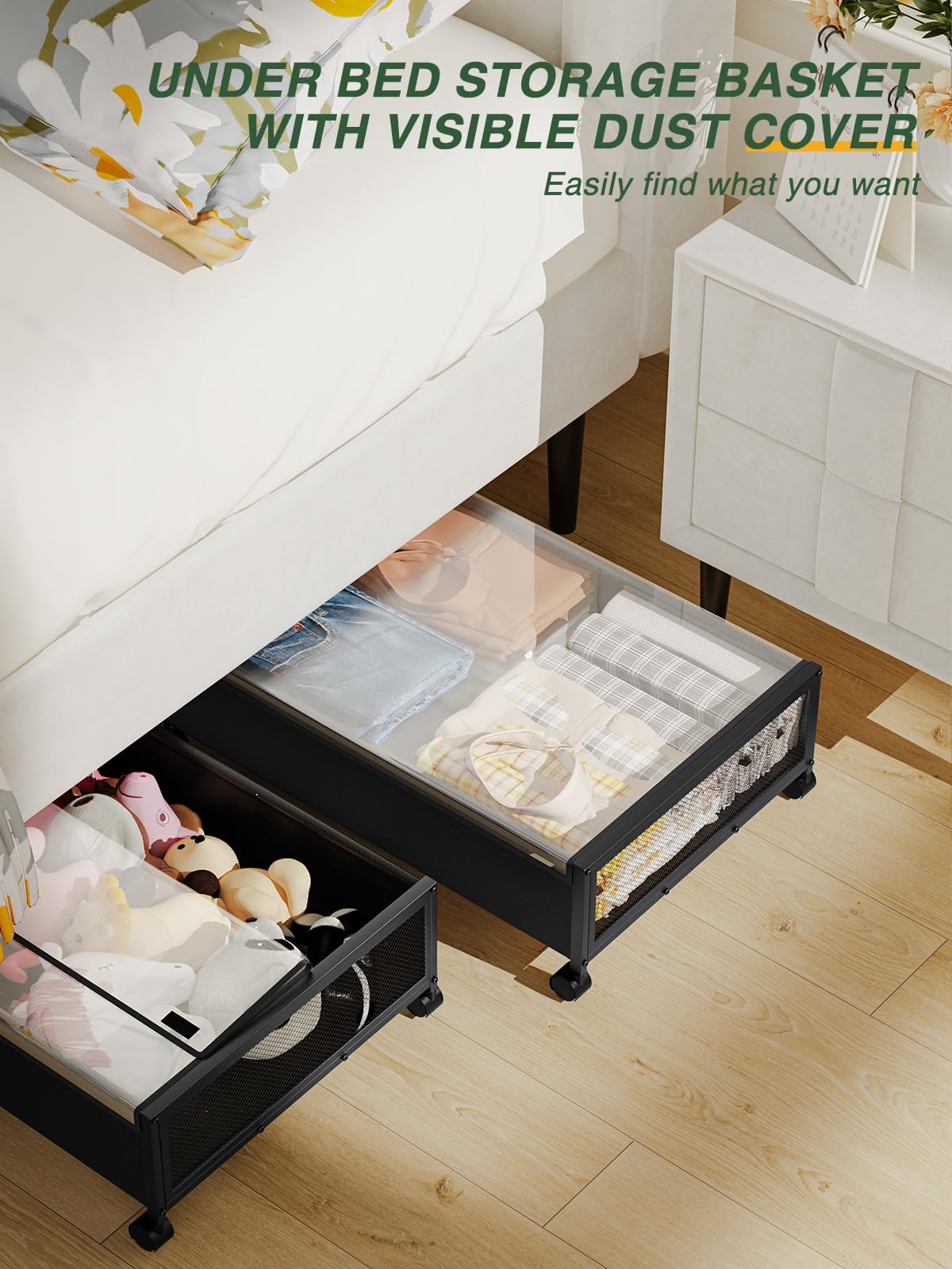 LEHOM Under Bed Storage with Wheels, Plastic Underbed Bins with Sturdy Metal Tubes Rolling Under Bed Drawer Storage Container with Window and Handle for Bedding, Clothes, Blanket, Shoes (2 Pack metal)