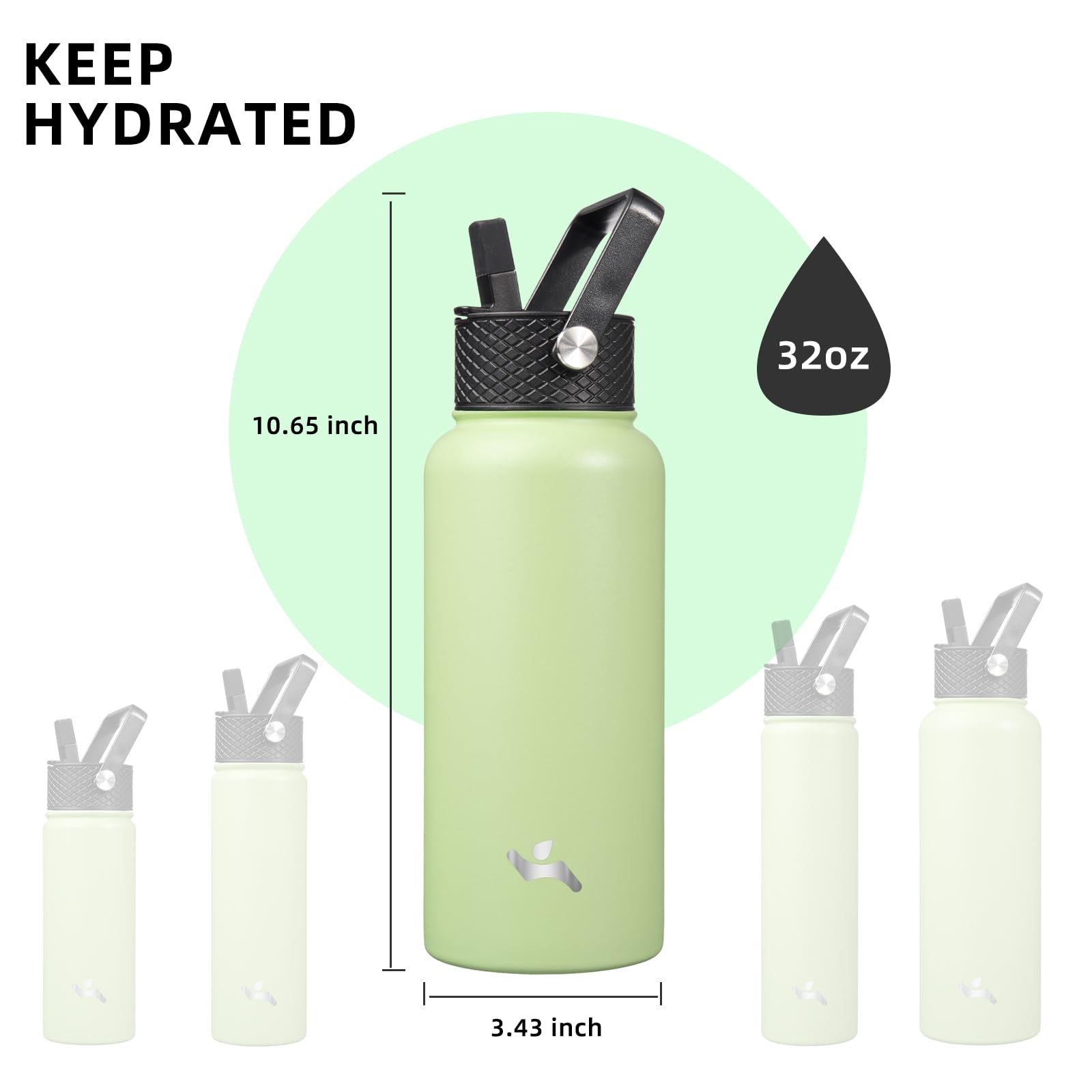 Konokyo Insulated Water Bottle with Straw,32oz 3 Lids Metal Bottles Stainless Steel Water Flask,Macaron Green
