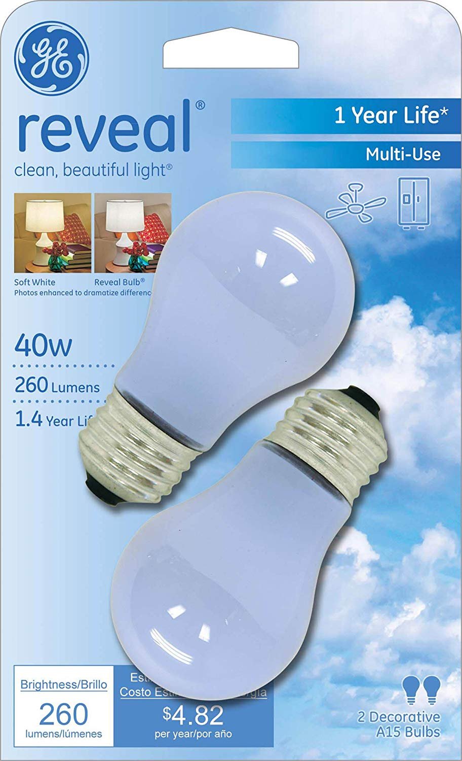 GE Lighting 40-Watt; 260-Lumens 1.4 Year Life Reveal Ceiling Fan Frost A15 Light Bulbs (8 Bulbs)