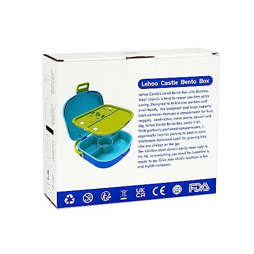 Lehoo Castle Bento Lunch Box for Kids, Large Kids Lunch Box with Cutlery&4 Compartments&Silicone Handle, Leak-proof Portable 1.3L Lunchbox Bento for Kids BPA-free Easy Opened (Blue)