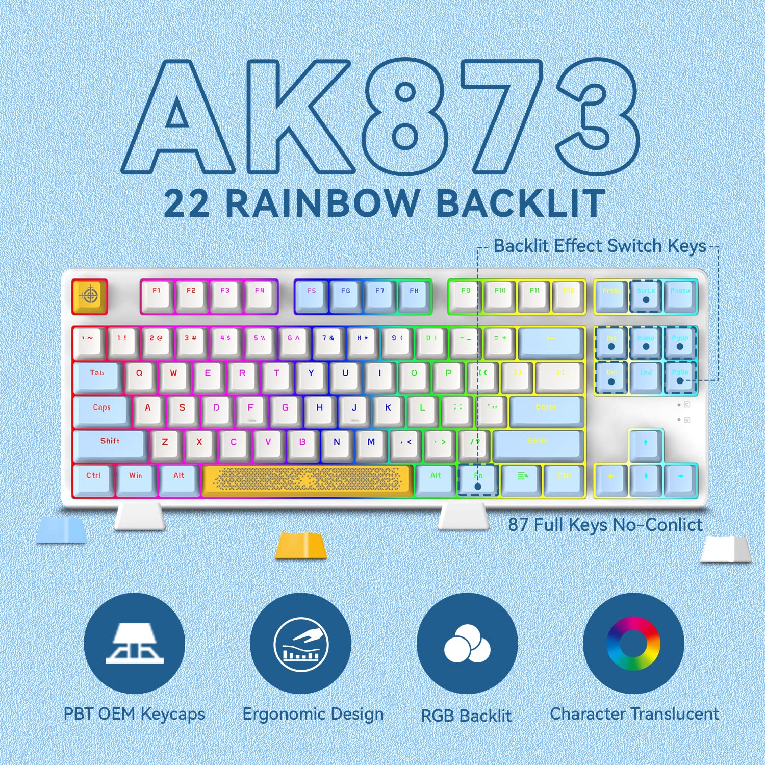MAGIC-REFINER AK873 Gaming Keyboard,Rainbow Led Backlit,Hot-Swappable Blue Switch,PBT Keycap,75% TKL Layout,Ergonomic Mechanical Keyboard with Custom Coiled USB/Type-C Aviation Cable(Blue White)