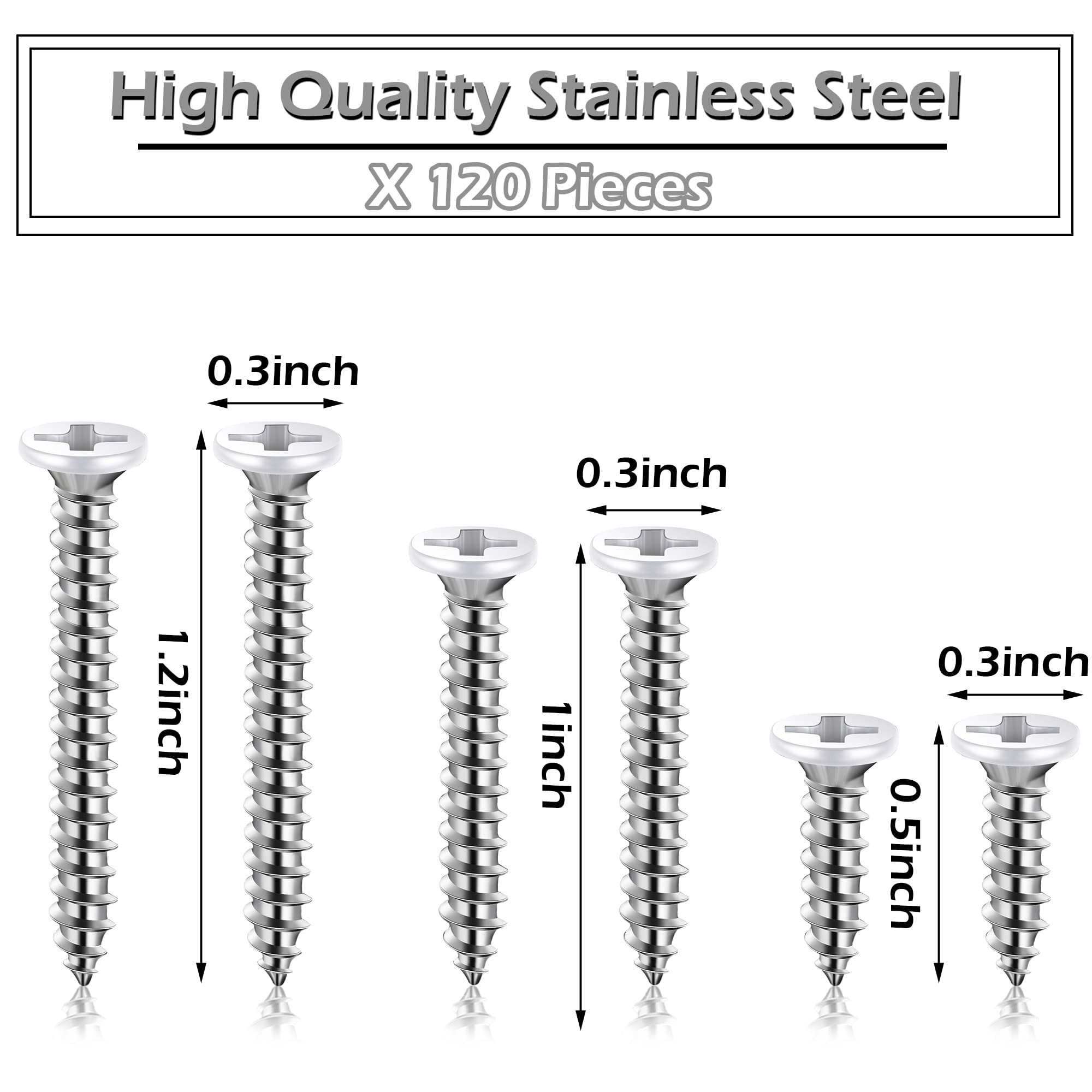 Peryiter 120 Pcs #8 White Screws Stainless Steel White Flat Head Screws White Pan Head Wood Screws Flat Self Tapping Screw for Wall Plates Switch Covers Replacement, 3 Sizes