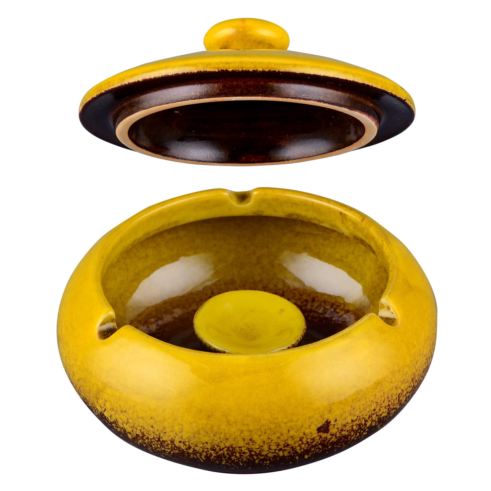 Outdoor Ashtray with Lid & Ceramic Ashtrays for Cigarettes, Round Cute Porcelain Ash Tray Pottery Smoking Holders Indoor Outdoor Patio Home Office Cool Rolling Décor-LAUYOO (Glazed Yellow)