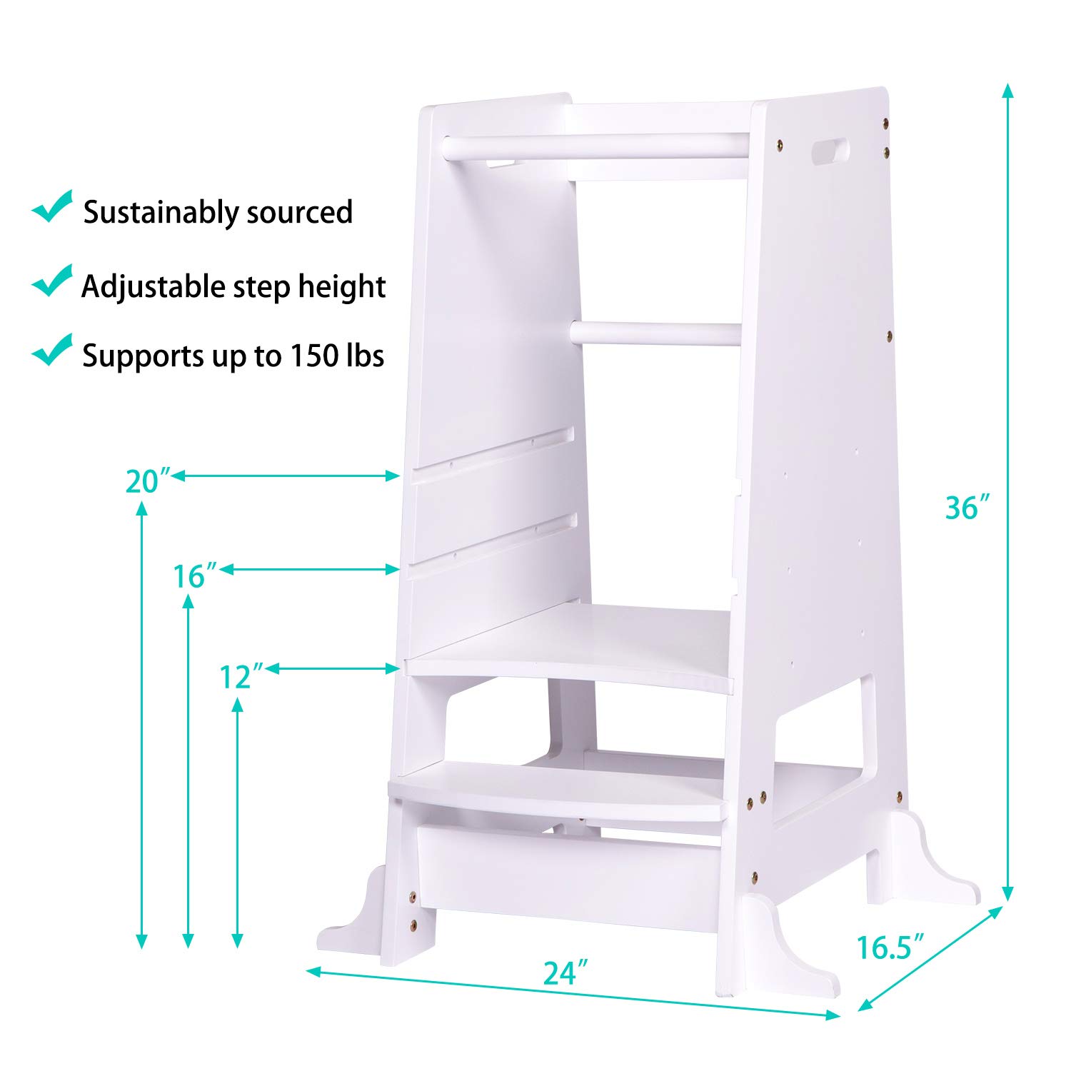 Kinbor Baby Kids Step Stool Kids Learning Stool Kids Kitchen Step Stool with Safety Rail-Solid Wood Construction. Perfect for Toddlers and Older