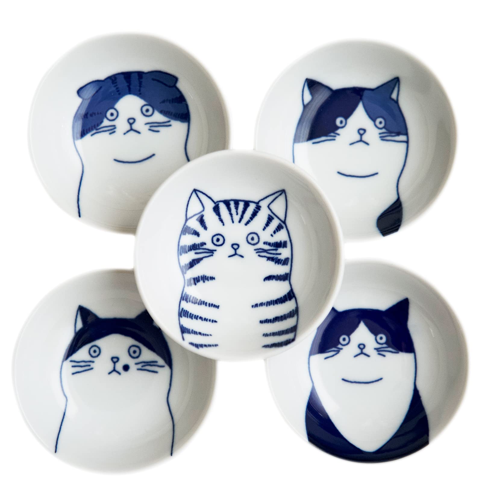 LOVE LOVE JAPAN Japanese Cat Ceramic Small Plates - Set of 5 - Great Gift for Cat Lovers, 5 Cats 3.5in