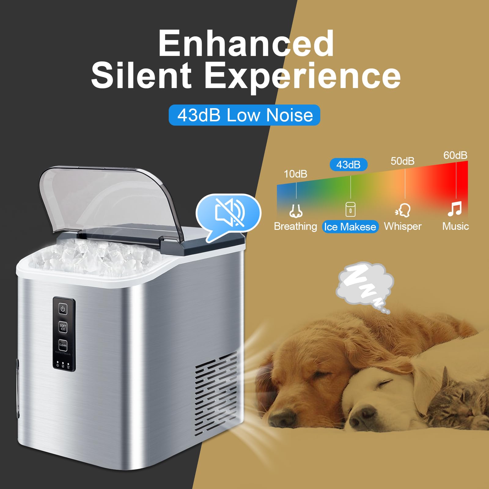 Personal Chiller Soft Nugget Countertop Ice Maker, 50lbs in 24H, Self-Cleaning Chewable Pellet Ice Machine for Kitchen, Office Stainless Steel Silver