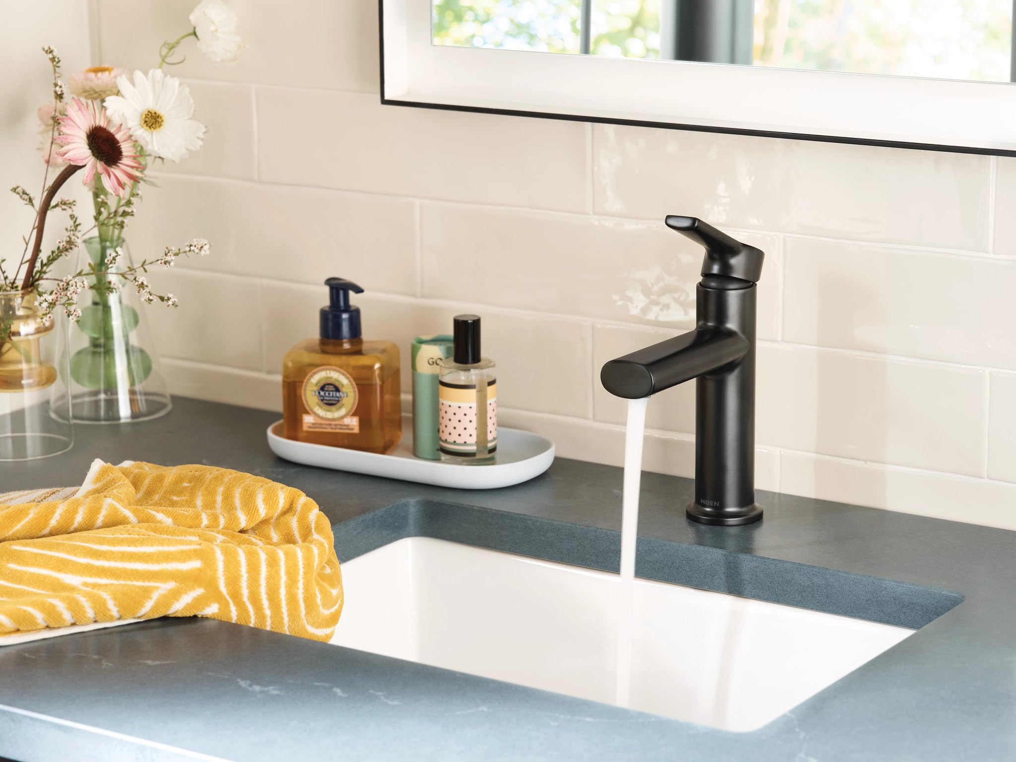 Moen Meena Matte Black One-Handle Single Hole Modern Bathroom Sink Faucet with Optional Deckplate and Drain Assembly, 84794BL