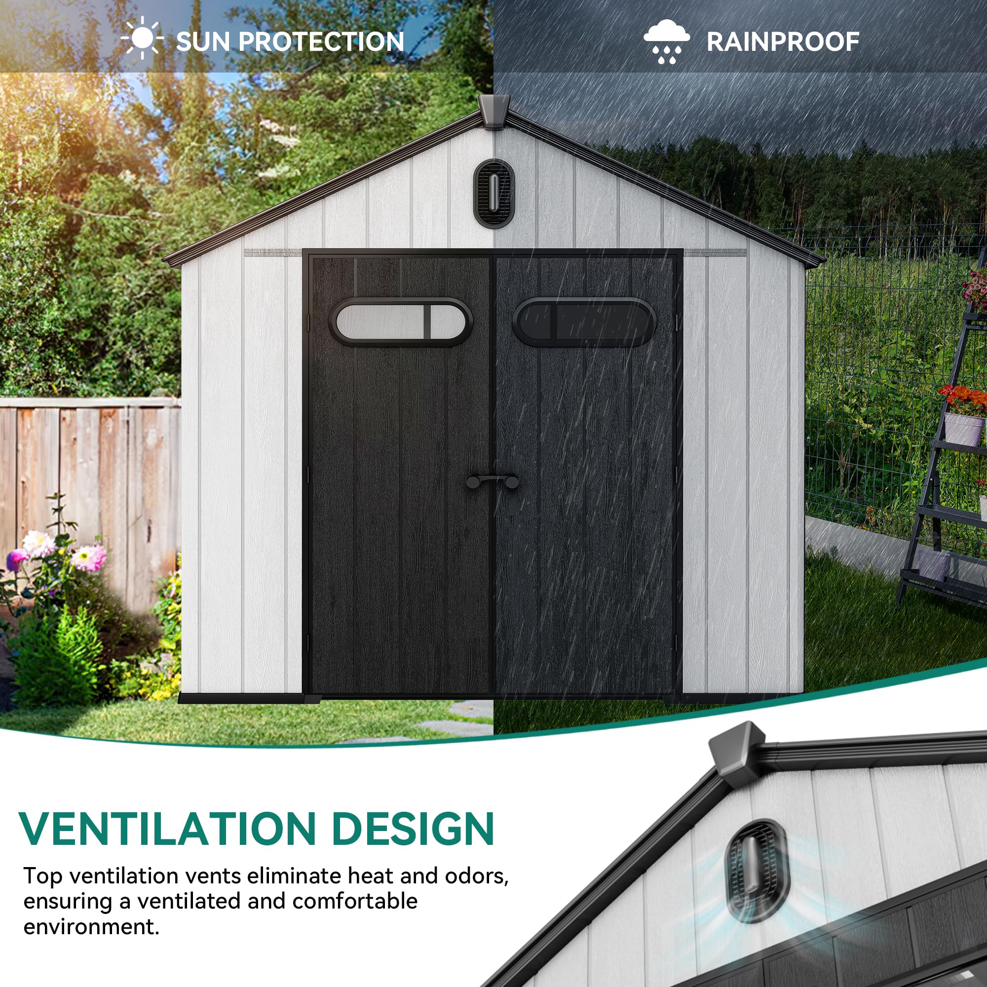 YITAHOME 8x10ft Resin Storage Structure, Outdoor 544 cuft Plastic Garden Storage Unit with Windows, Vents and Lockable Entrance, Waterproof Tool Organizer with Flooring for Lawn Equipment