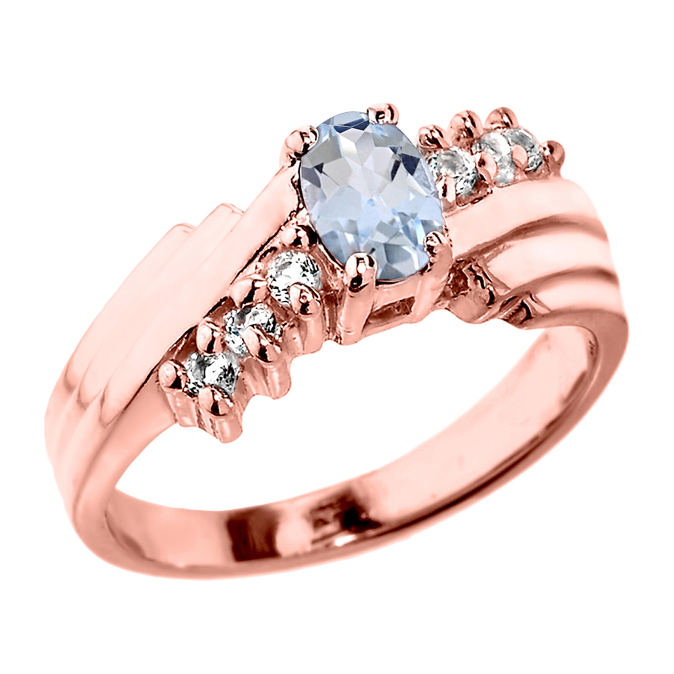gemstone rings Dazzling 10k Rose Gold Diamond and Aquamarine Proposal Ring (Size 4.5)