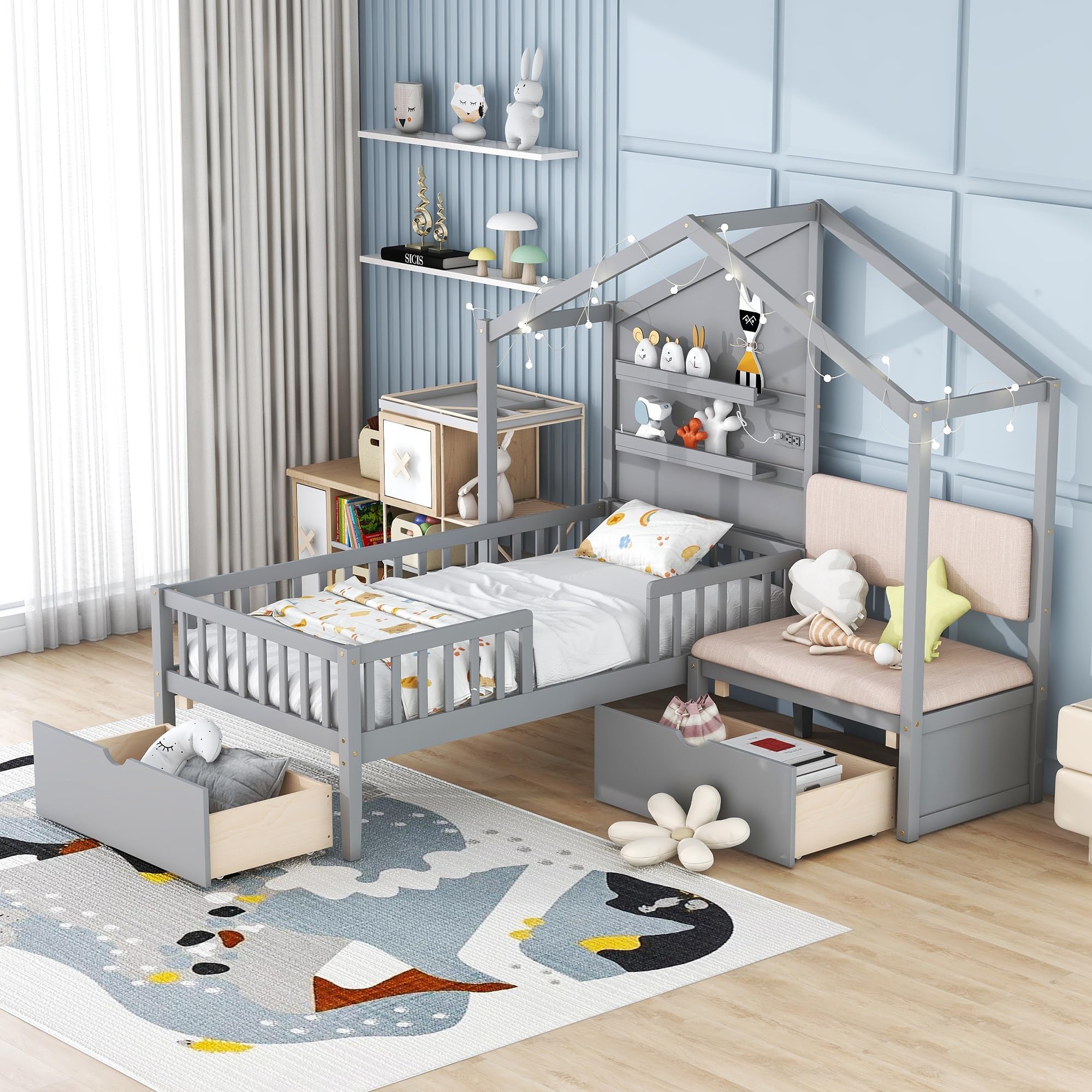 Twin House Bed for Kids, House Platform Bed with Upholstered Sofa, Charging Station, Wireless Charging, Storage Shelves and Two Drawers, Light Strip Included, Gray