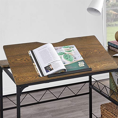 HOMBAZAAR Home Office Desk, Industrial Computer Desk with Storage Shelf, Large Writing Drawing Desk Craft Workstation with Tiltable Tabletop for Artist, 47โโ Multifunctional PC Laptop Table, Brown