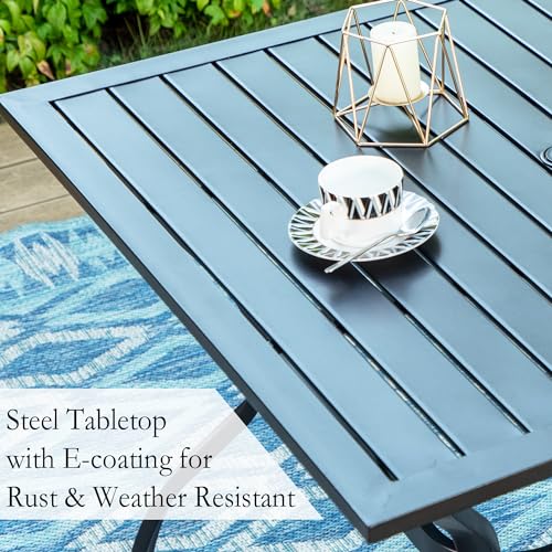 PHI VILLA 37" Patio Table for 4, Metal Outdoor Dining Table with E-Coating, Square Steel Slated Outdoor Table with 1.57" Umbrella Hole for Garden Backyard, Black